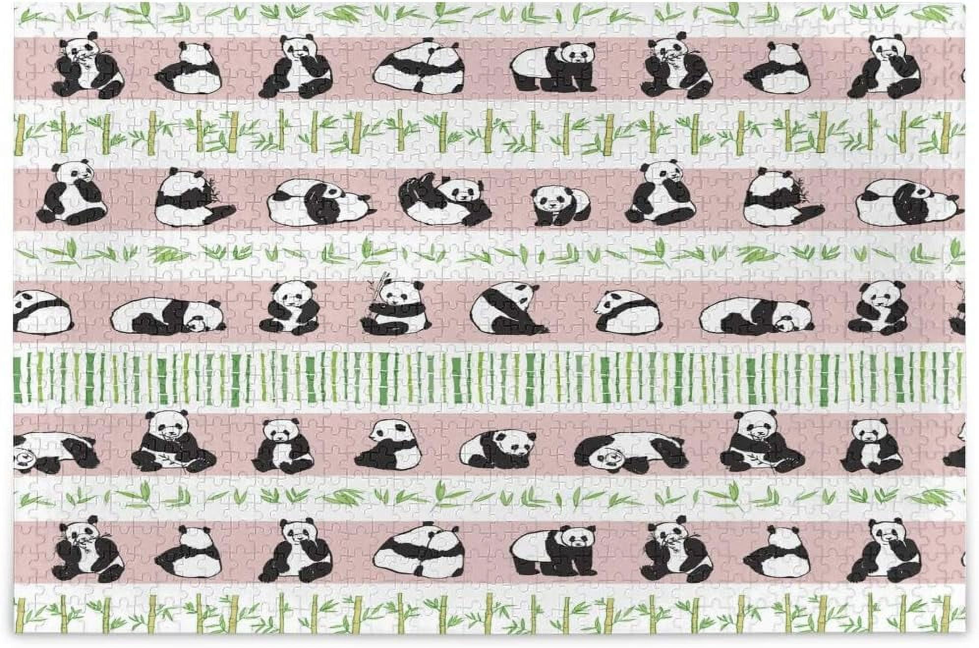 Dreamtimes Panda Animal Bamboo Pattern On Pink and White Stripes Jigsaw ...