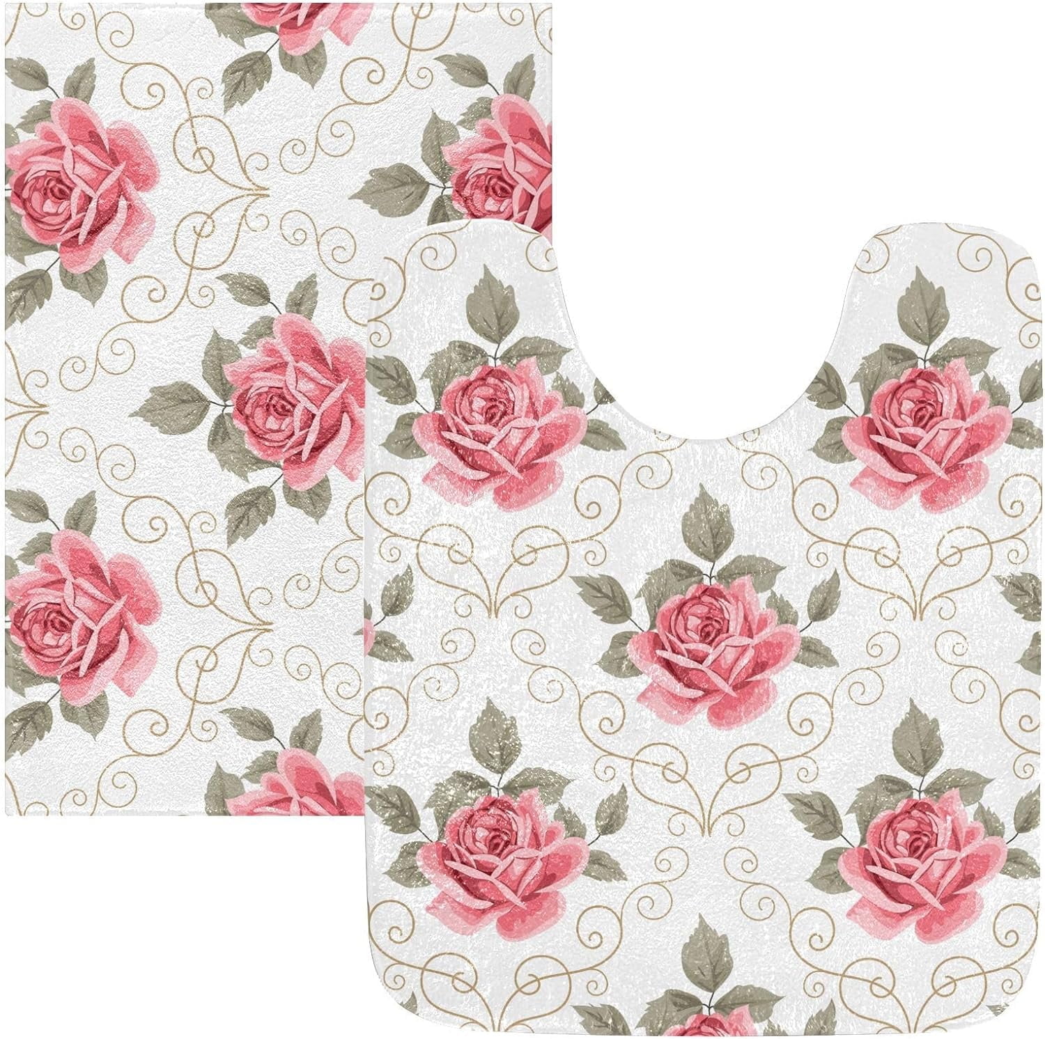 Dreamtimes Pink Rose Flower Floral Curly Design Bath Mat for Bathroom ...
