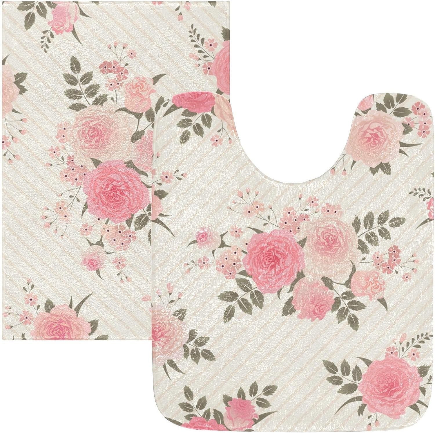 Dreamtimes Pink & Rose Gold Roses Flower Striped Vintage Bath Mat for ...