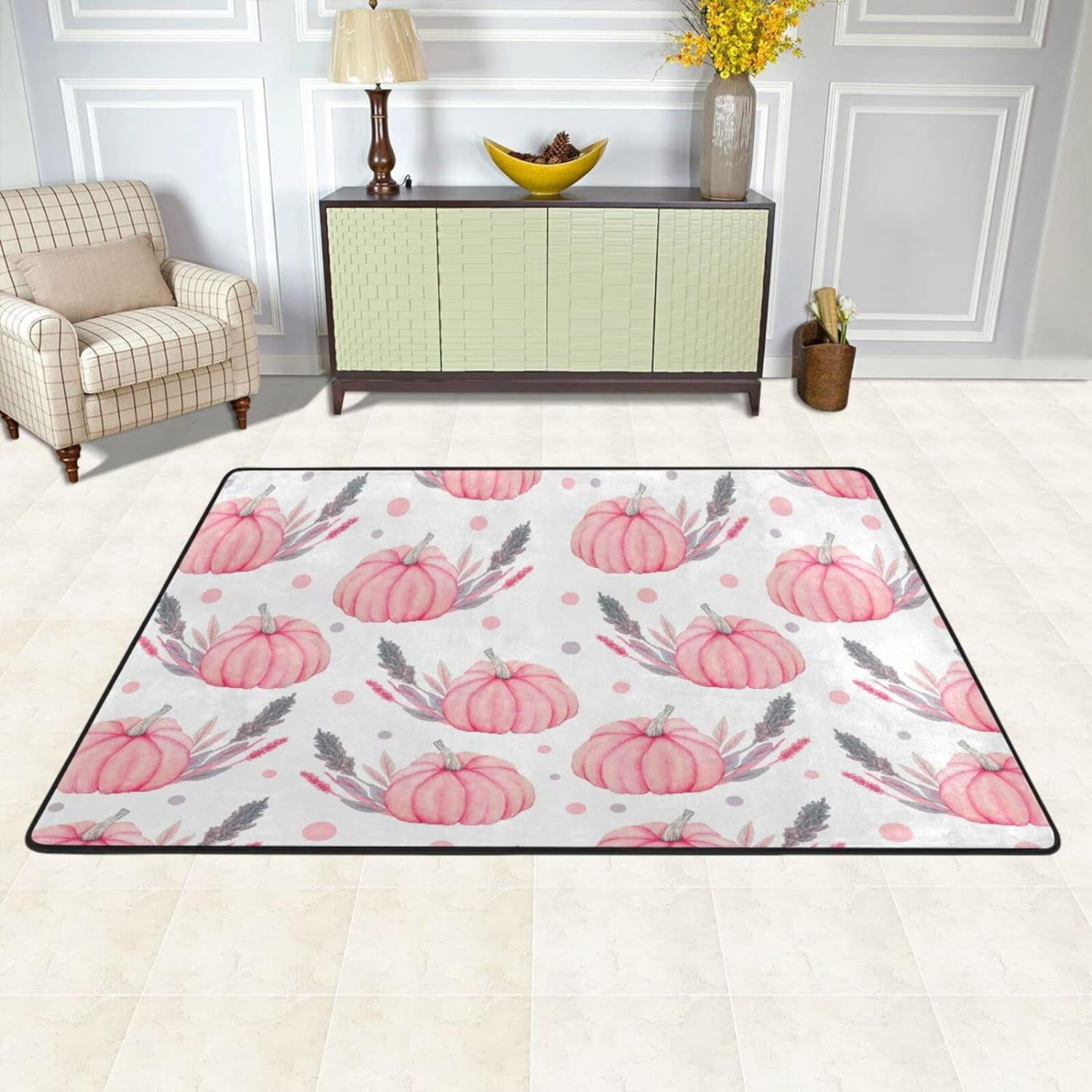 Dreamtimes Pink Watercolor Autumn Pumpkins Area Rug 72x48in Fall Pastel ...