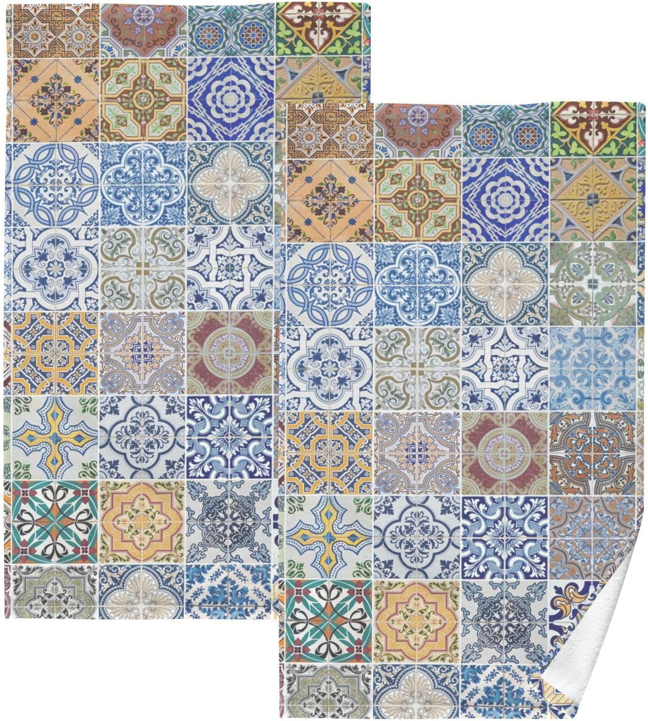 Dreamtimes Portuguese Tile Pattern Hand Towels Set of 2 Soft Absorbent ...