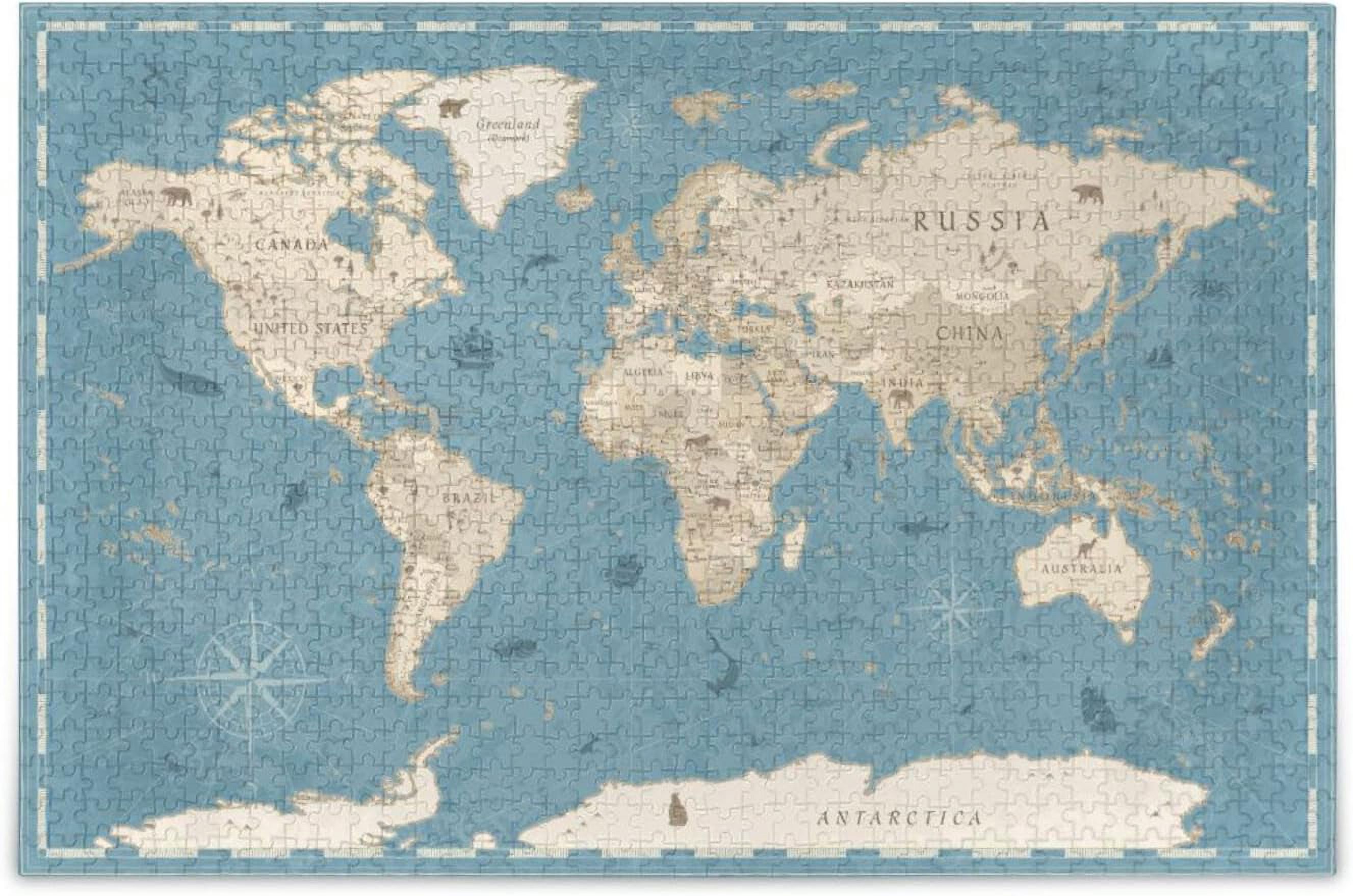 Dreamtimes Puzzle 1000 Pieces - Blue Retro Map - Wooden Jigsaw Puzzles ...
