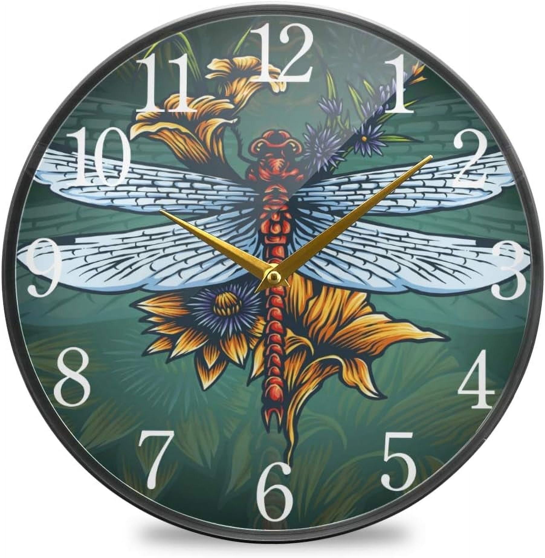 Dreamtimes Red Dragonfly and Flowers Pattern Wall Clock Silent Non ...