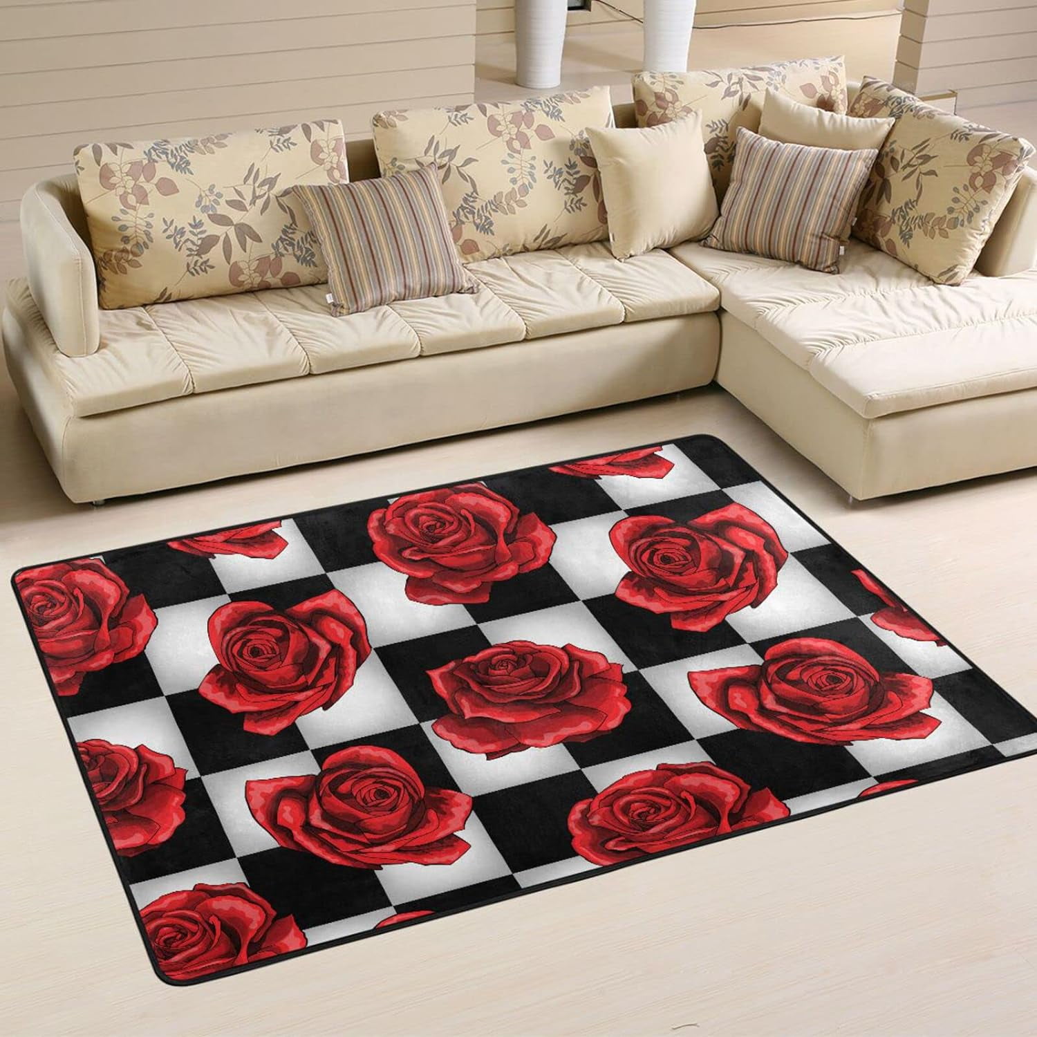 Dreamtimes Red Roses Chessboard Area Rug 72 x48in Romantic Floral Non ...