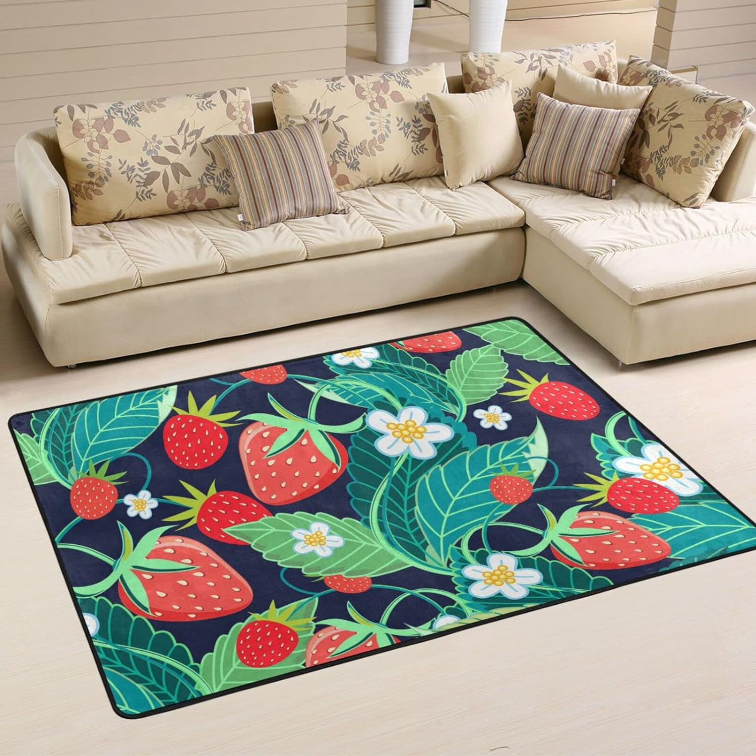 Dreamtimes Red Strawberries Berries Area Rug 72x48in Leaves Flowers ...