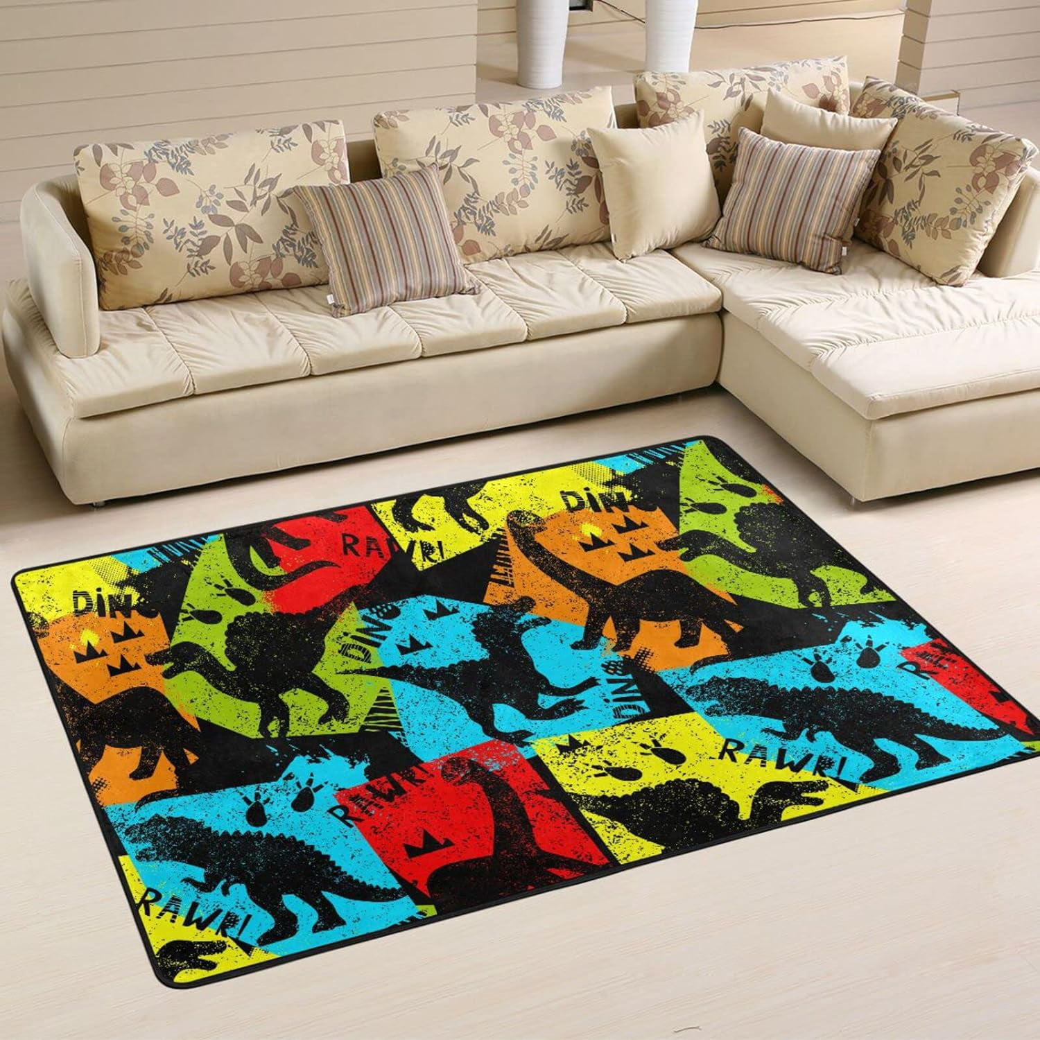 Dreamtimes Retro Colorful Dinosaur Area Rug 72 x48in Abstract Dino Non ...