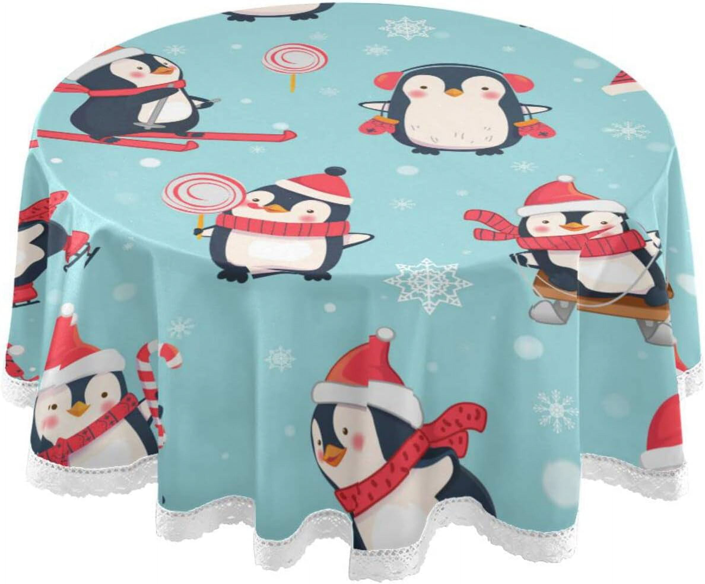 Dreamtimes Round Tablecloth 60", Christmas Penguin Table Cover Water ...
