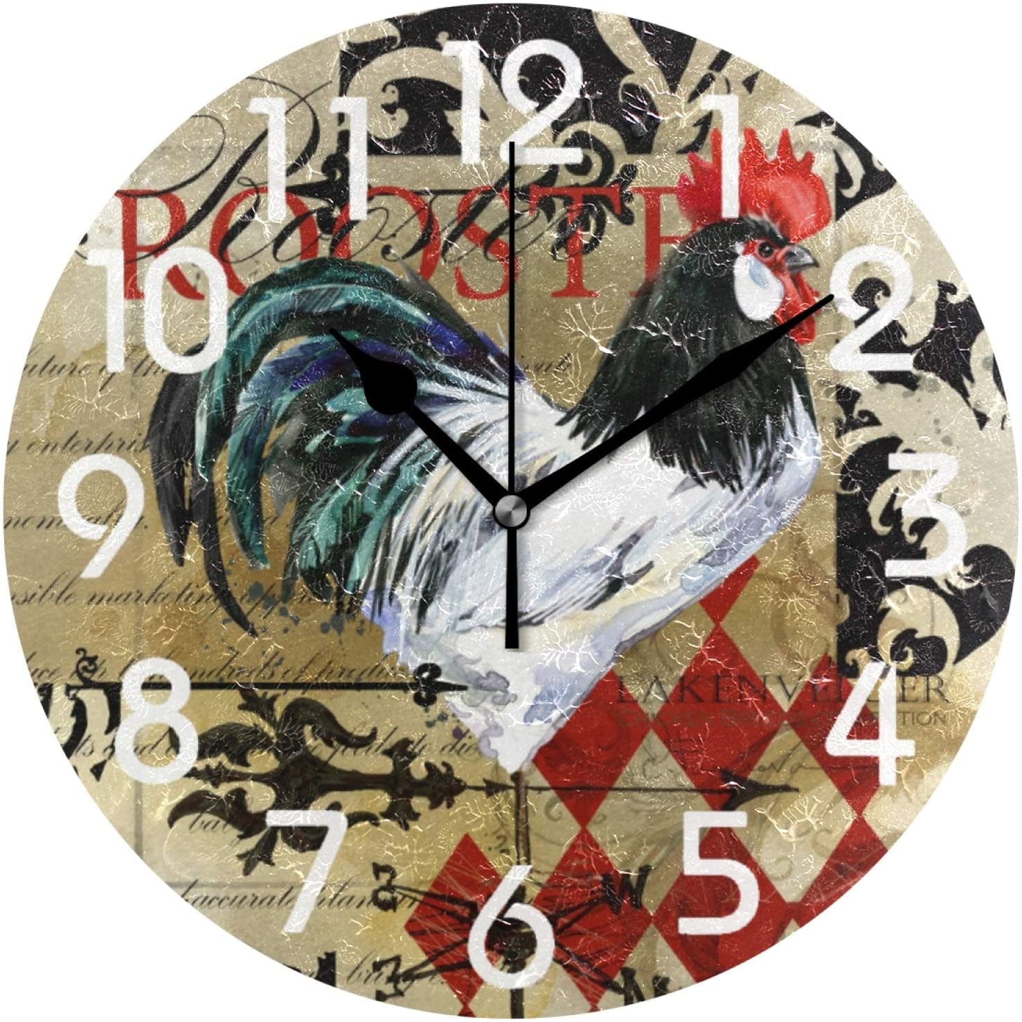 Dreamtimes Rural Vintage Farm Rooster Round Wall Clock, 10 Inch Battery ...