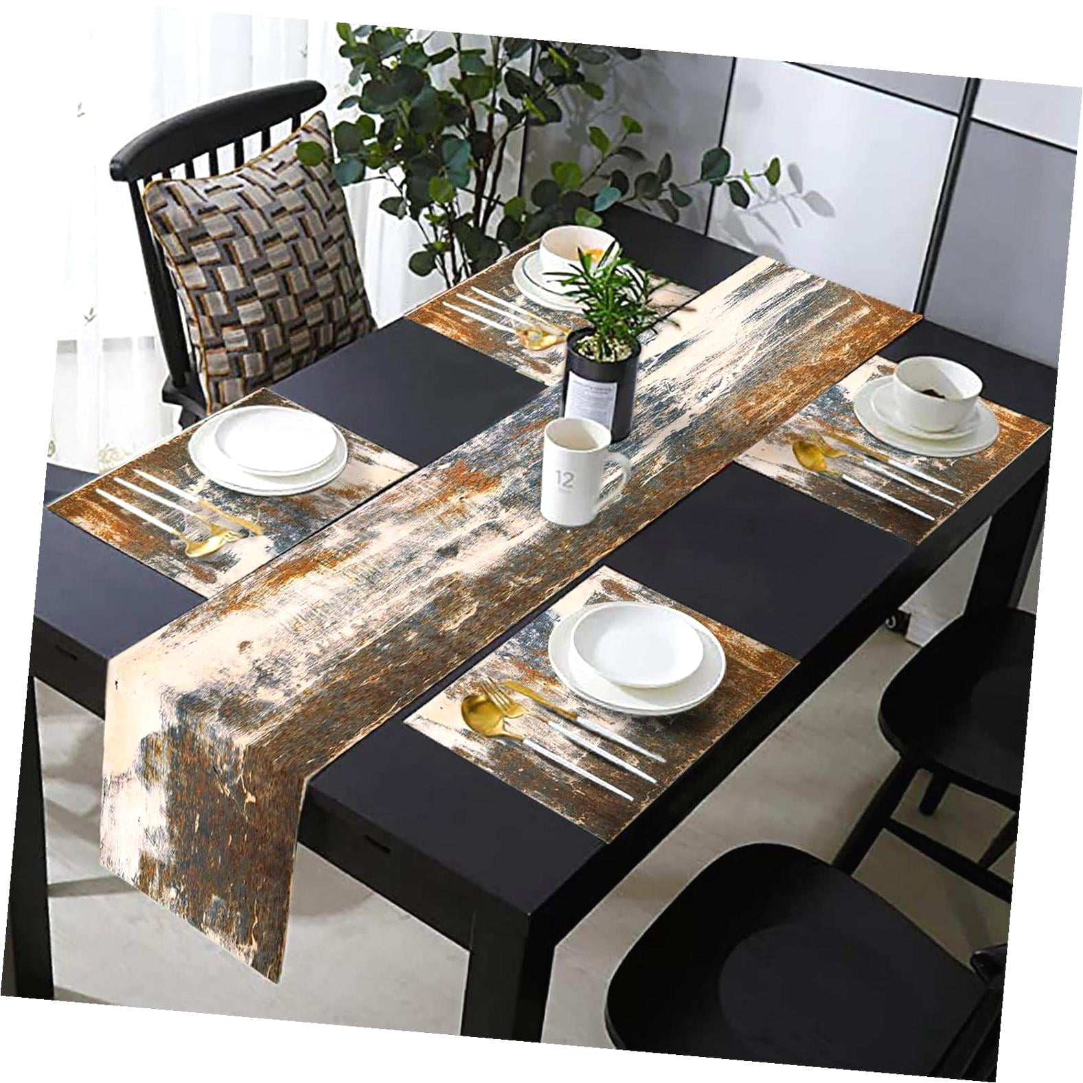 Dreamtimes Rust Table Runner with 6 Place Mats, Abstract Blue and Brown ...