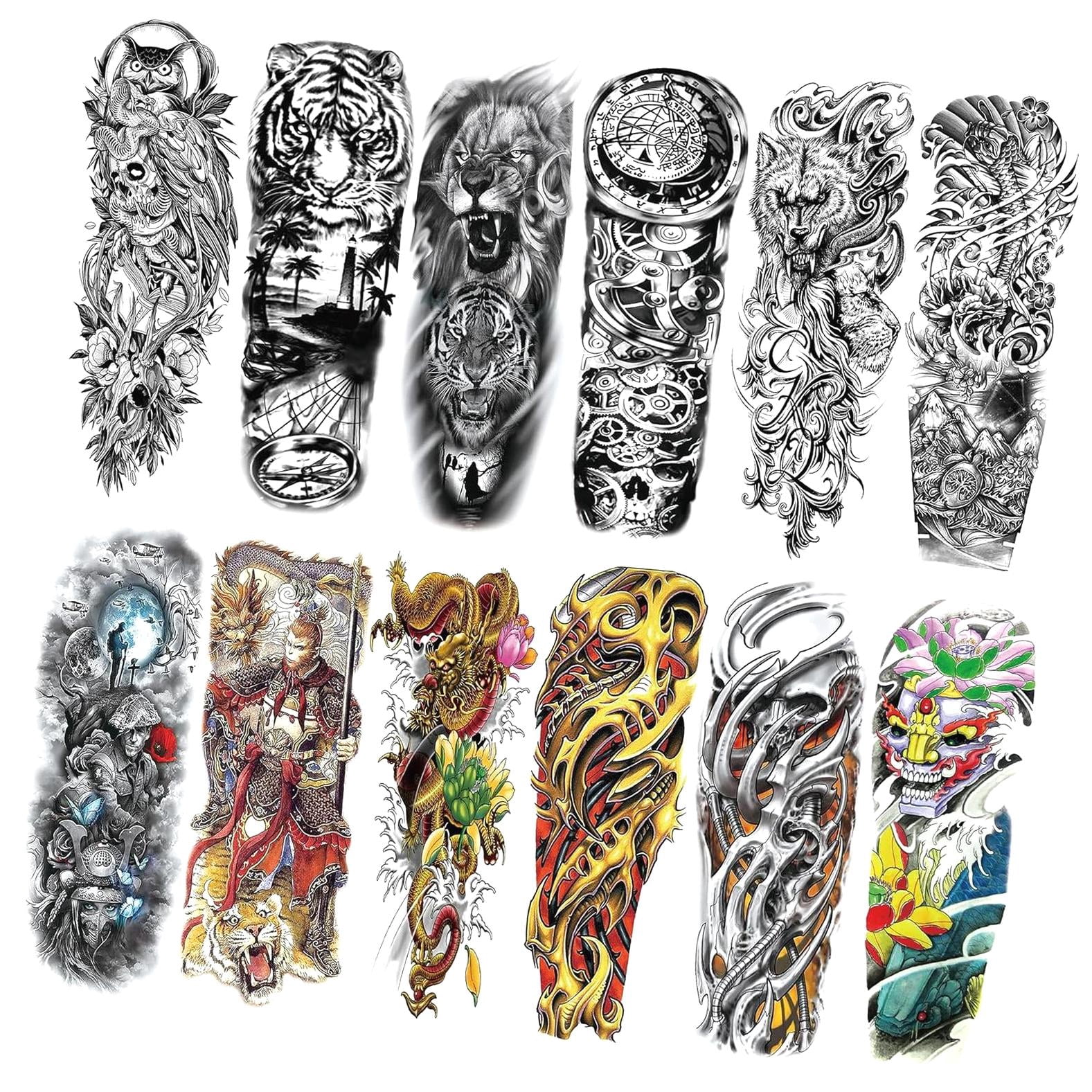 Dreamtimes Scary Full Arm Temporary Tattoo for Men, 12 Sheets Skull ...