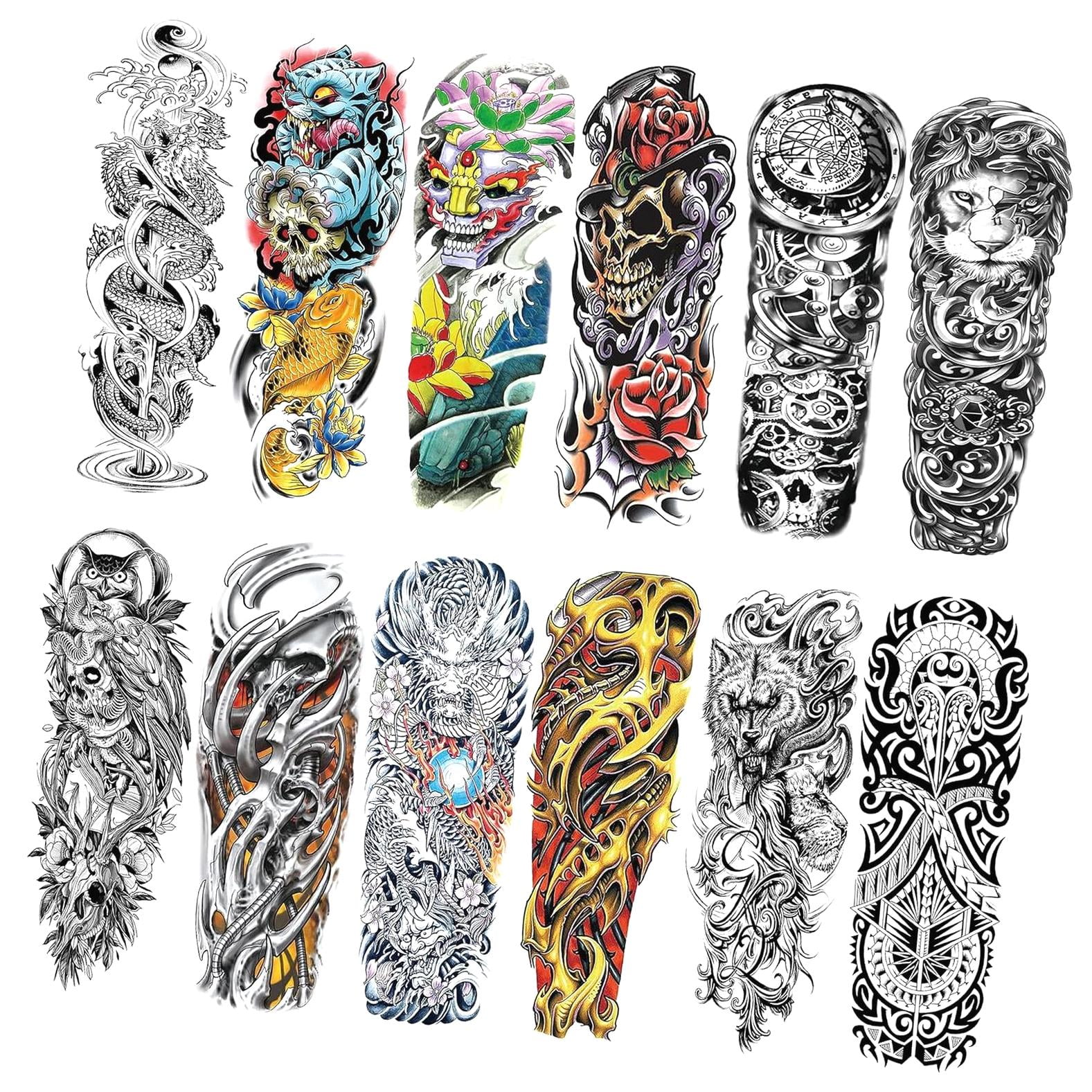 Dreamtimes Scary Full Arm Temporary Tattoo for Men, 12 Sheets Skull ...