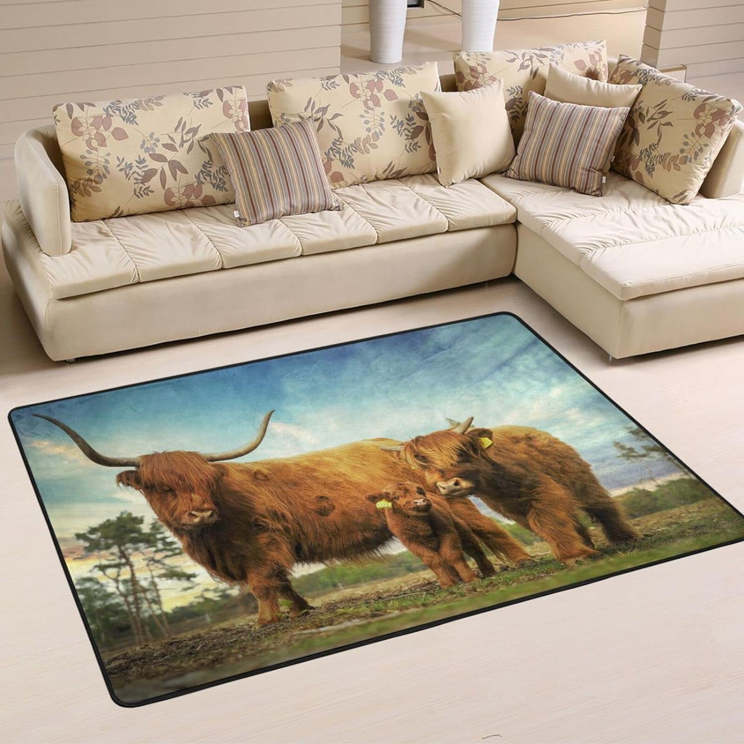 Dreamtimes Scottish Cows Summer Non-Slip Area Rug Calf Cattle Family ...