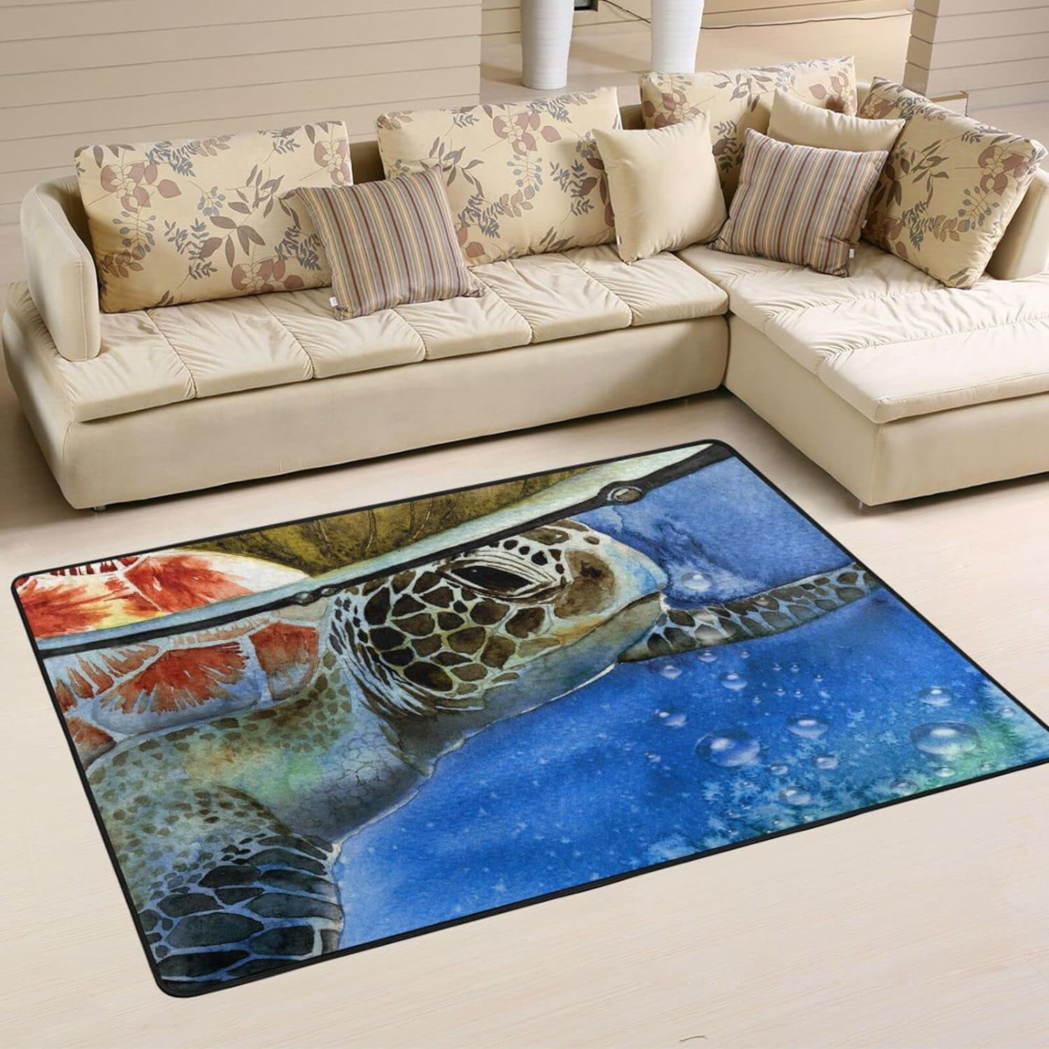 Dreamtimes Sea Turtle Beach Area Rug 72x48in Turquoise Wave Palm Trees Non-Slip Floor Carpet ...