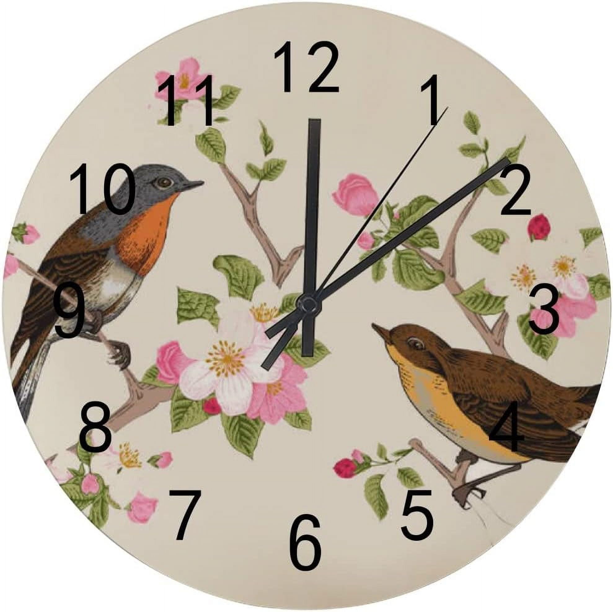 Dreamtimes Silent Wooden Round Wall Clock, 12 Inch Birds Flower Branch ...