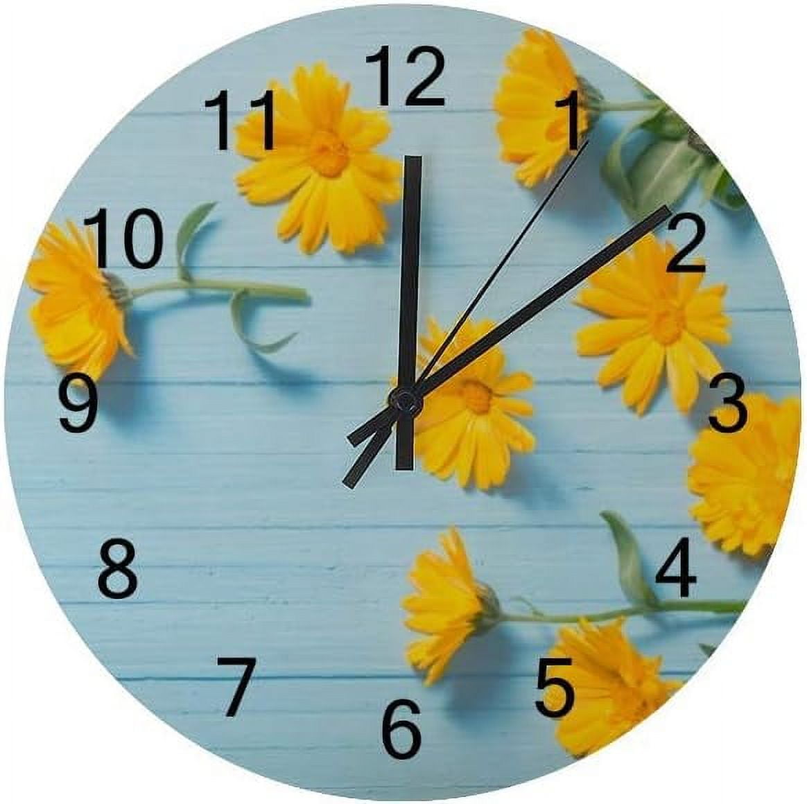 Dreamtimes Silent Wooden Round Wall Clock, 12 Inch Calendula Flowers On ...