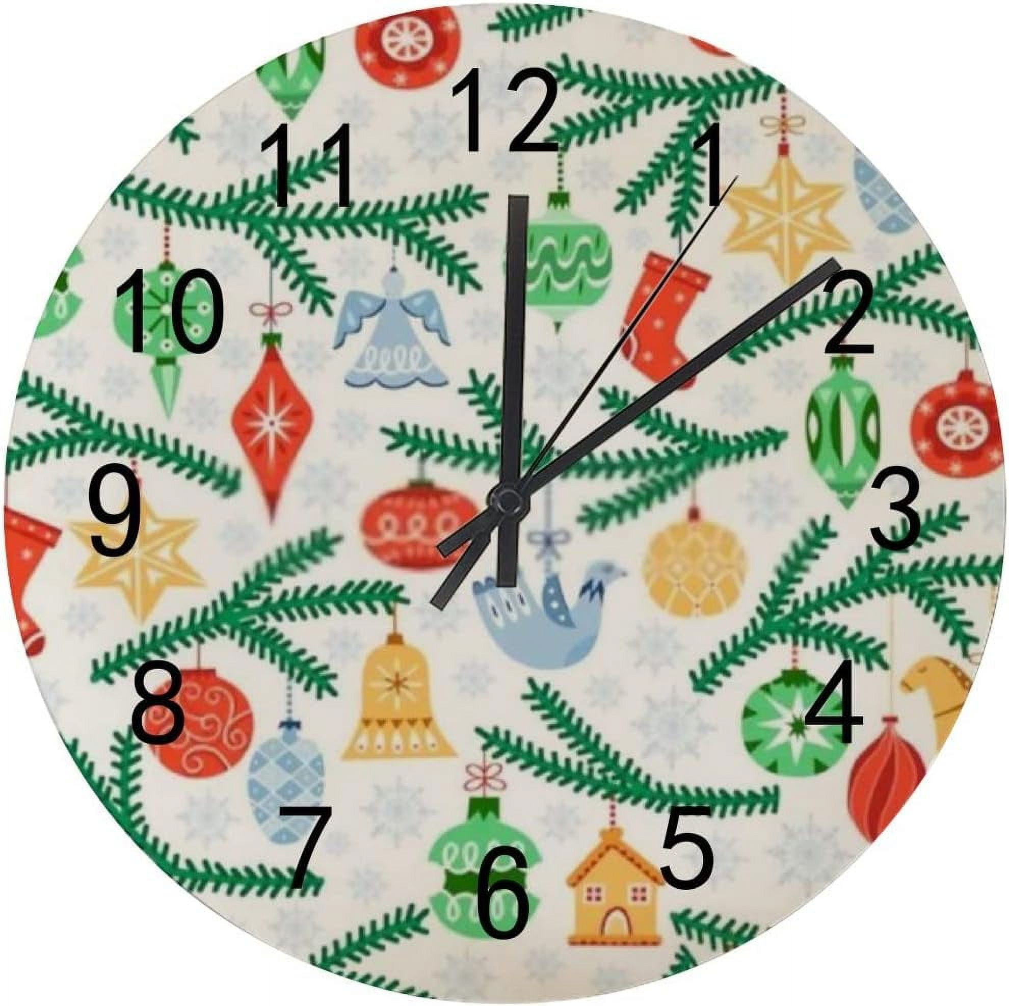 Dreamtimes Silent Wooden Round Wall Clock, 12 Inch Christmas Tree Balls ...