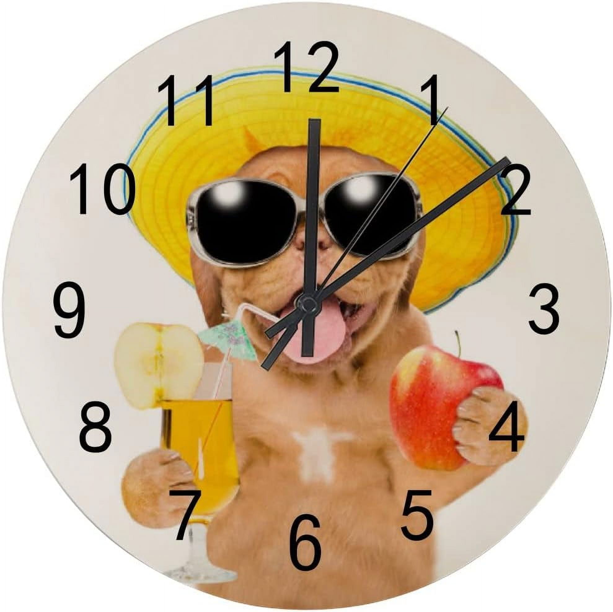 Dreamtimes Silent Wooden Round Wall Clock, 12 Inch Funny Dog in Summer ...