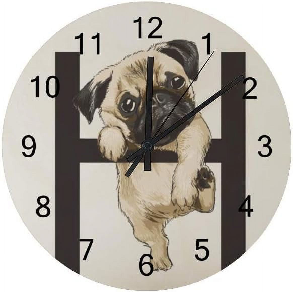 Dreamtimes Silent Wooden Round Wall Clock, 12 Inch Funny Pug Hanging On ...