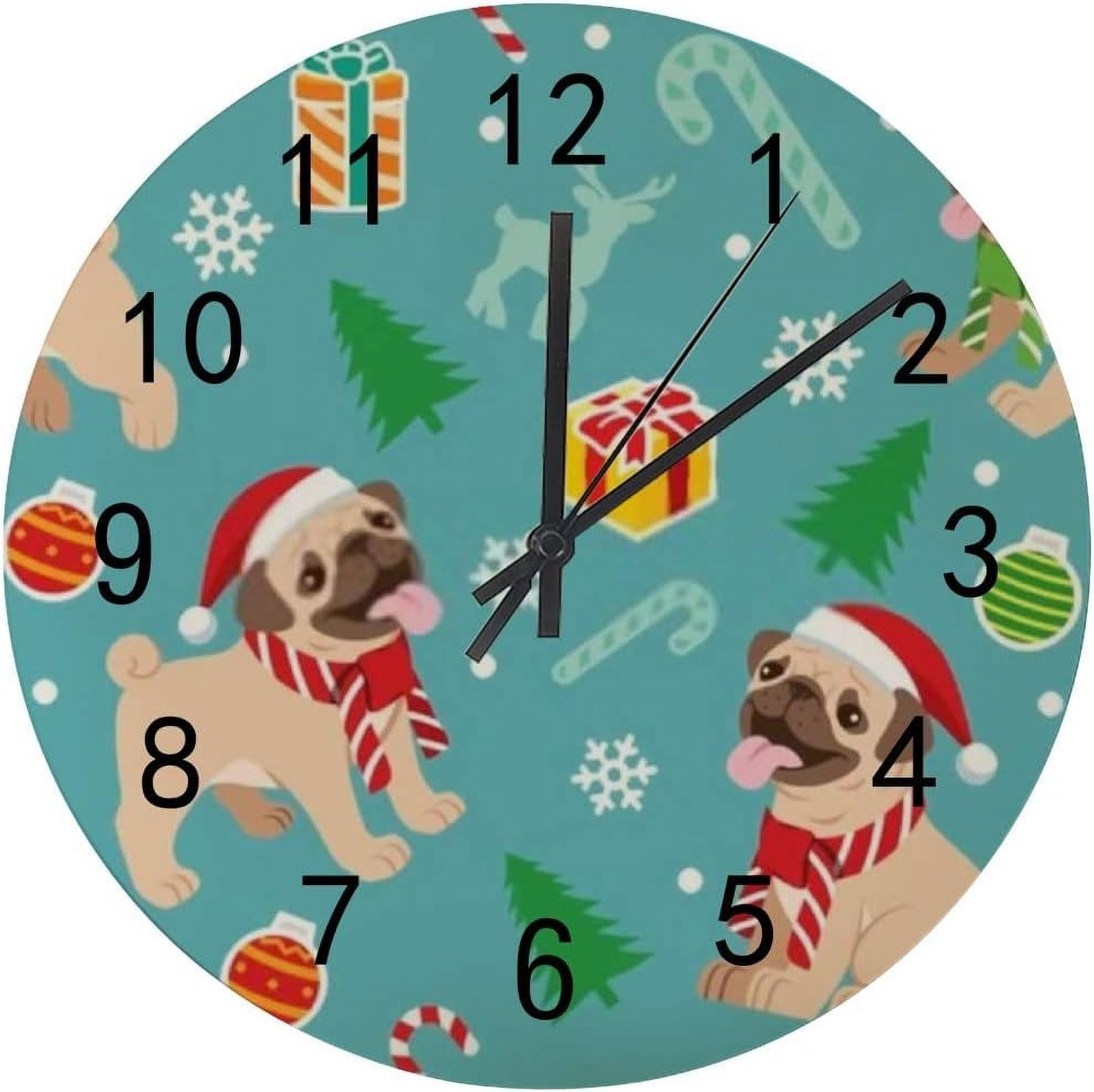 Dreamtimes Silent Wooden Round Wall Clock, 12 Inch Happy Pug Dog ...
