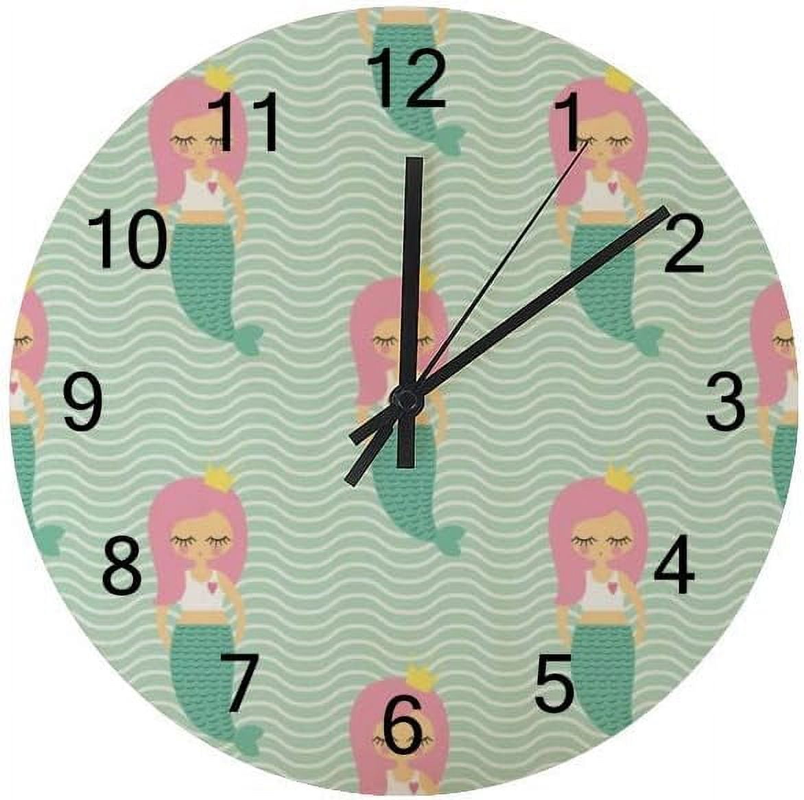 Dreamtimes Silent Wooden Round Wall Clock, 12 Inch Mermaid Girl On Mint ...