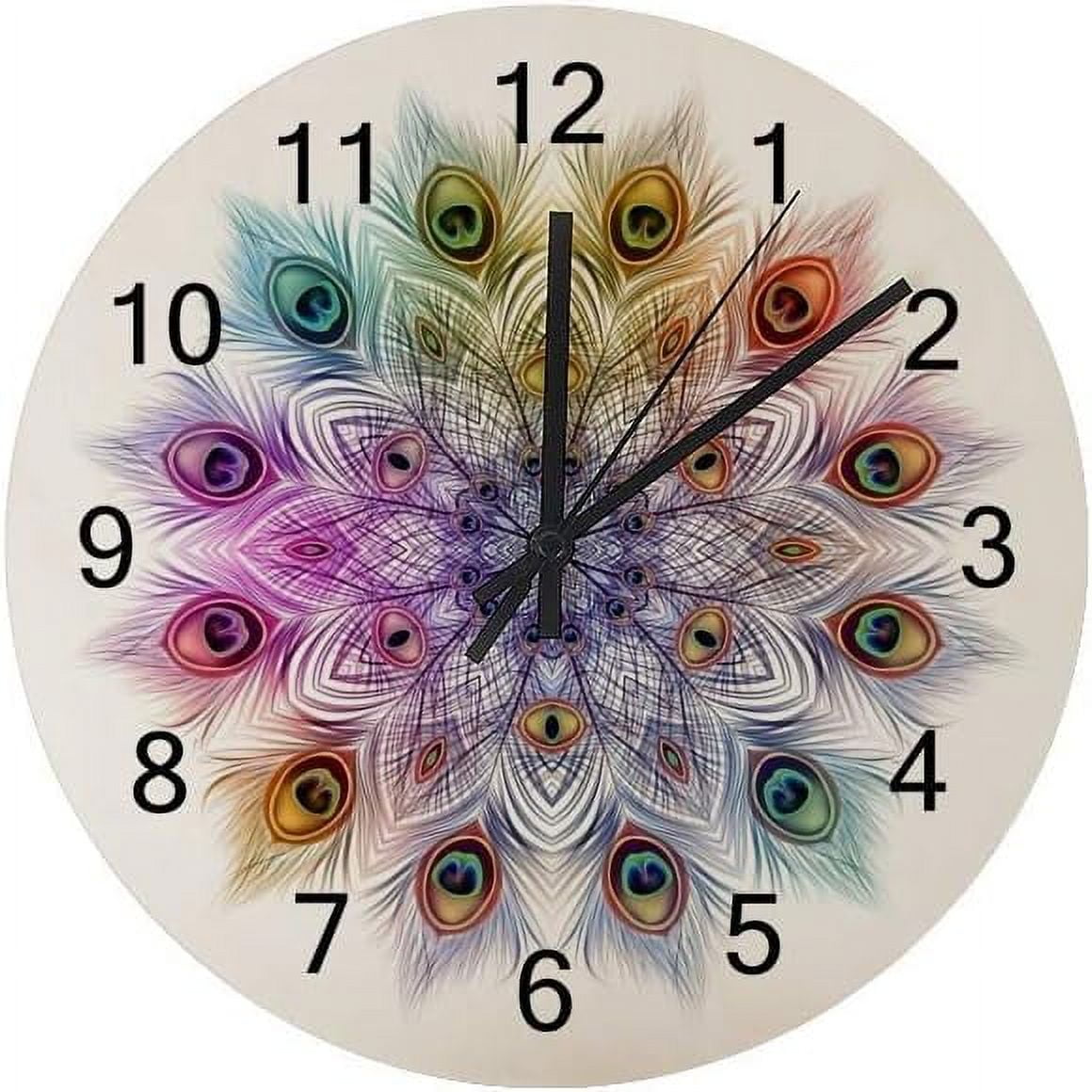 Dreamtimes Silent Wooden Round Wall Clock, 12 Inch Peacock Feathers ...