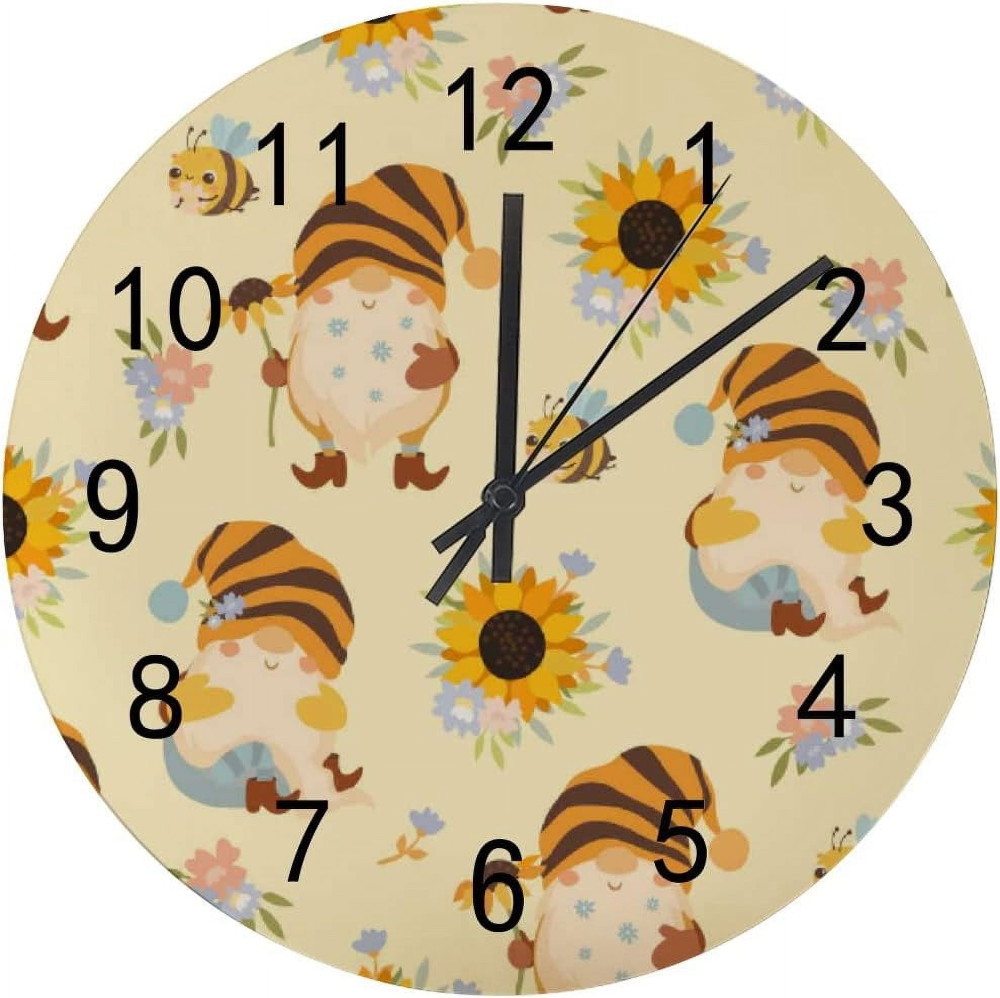 Dreamtimes Silent Wooden Round Wall Clock, 12 Inch Sunflowers Honey Bees and Gnomes Non Ticking ...