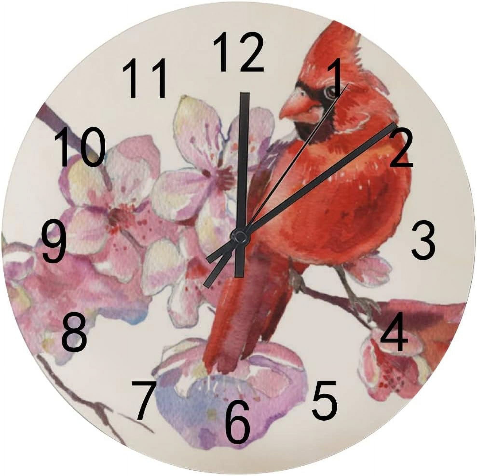 Dreamtimes Silent Wooden Round Wall Clock, 12 Inch Watercolor Cardinal ...