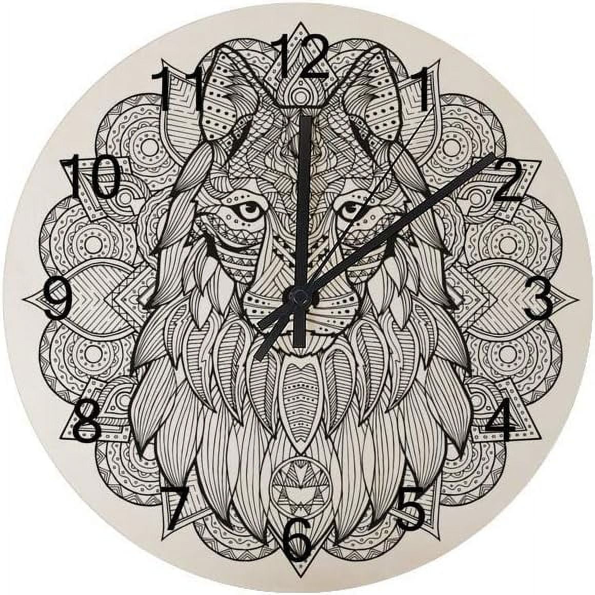 Dreamtimes Silent Wooden Round Wall Clock, 12 Inch Wolf Head Black ...