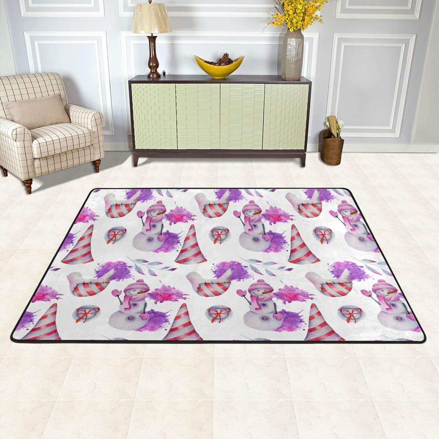 Dreamtimes Snowman Purple Cute Non-Slip Area Rug Watercolor Winter Xmas ...