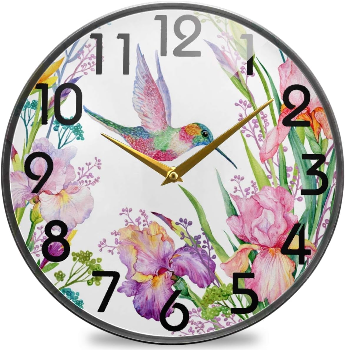 Dreamtimes Spring Tropical Irises Flowers Hummingbirds Round Wall Clock ...