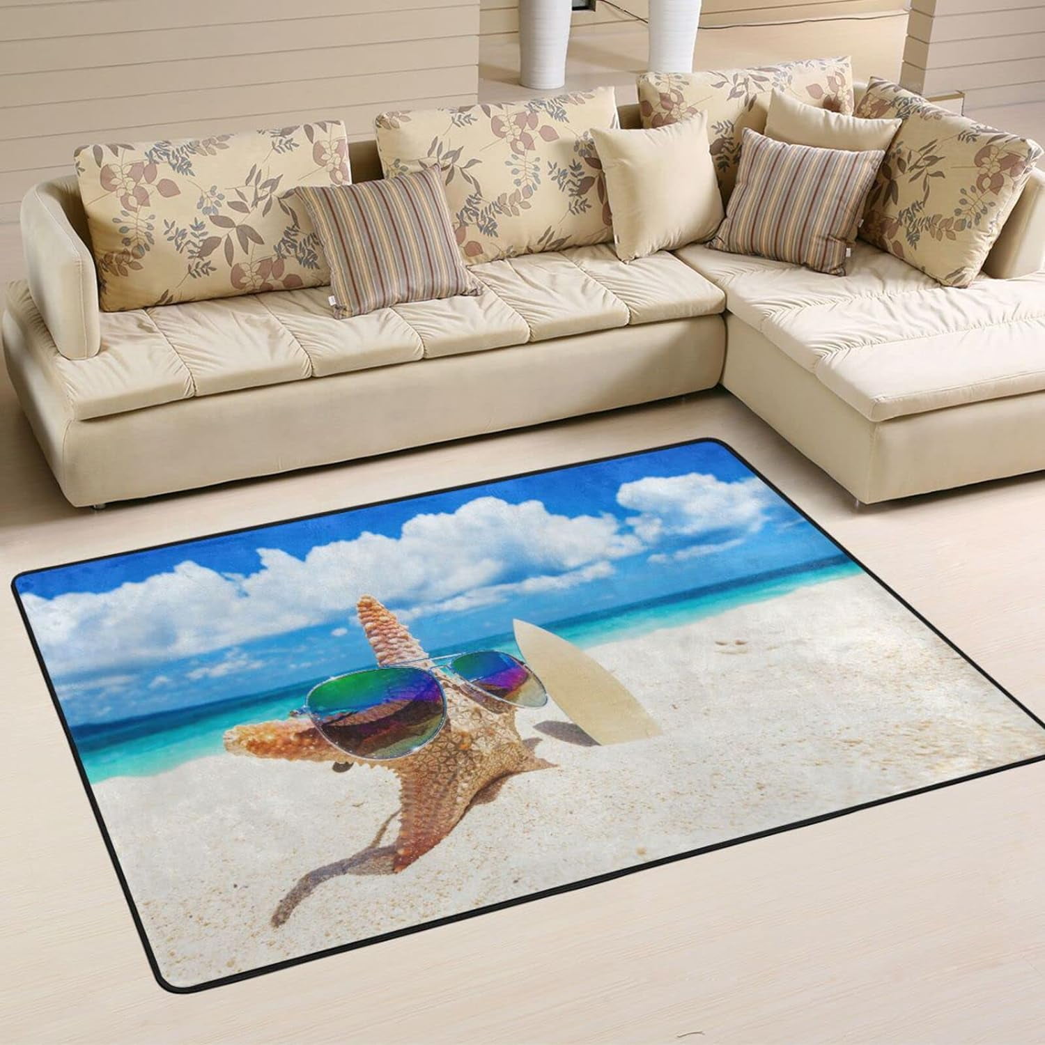 Dreamtimes Starfish Surfer on Sand Area Rug 72x48in Tropical Beach Sky ...