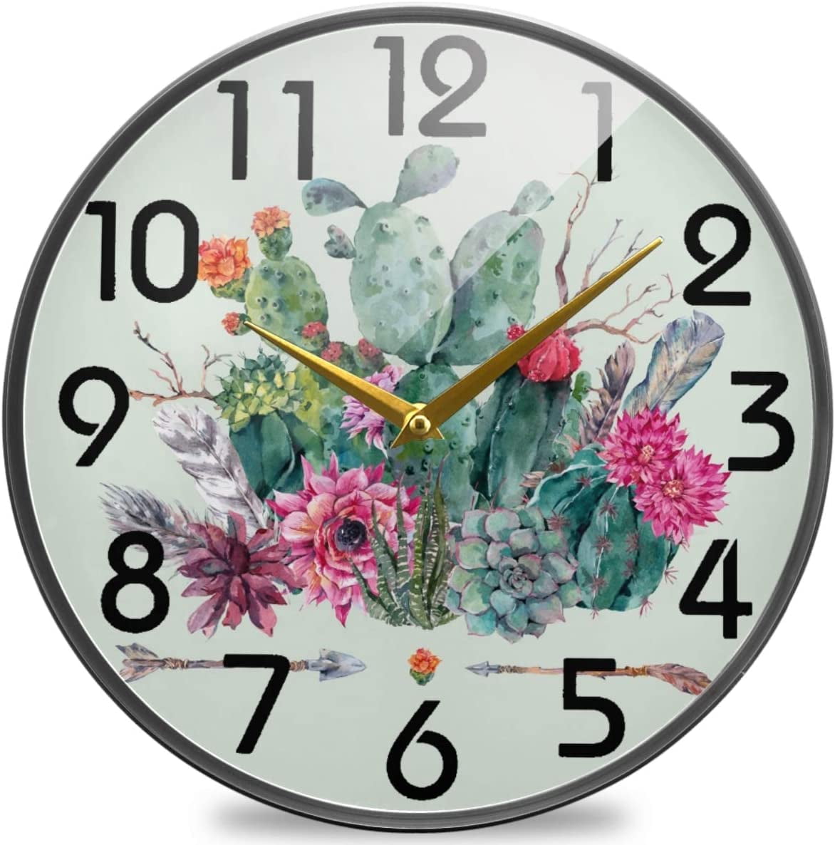 Dreamtimes Stylish Boho Cactus Arrow Print Round Wall Clock, 12 Inch ...