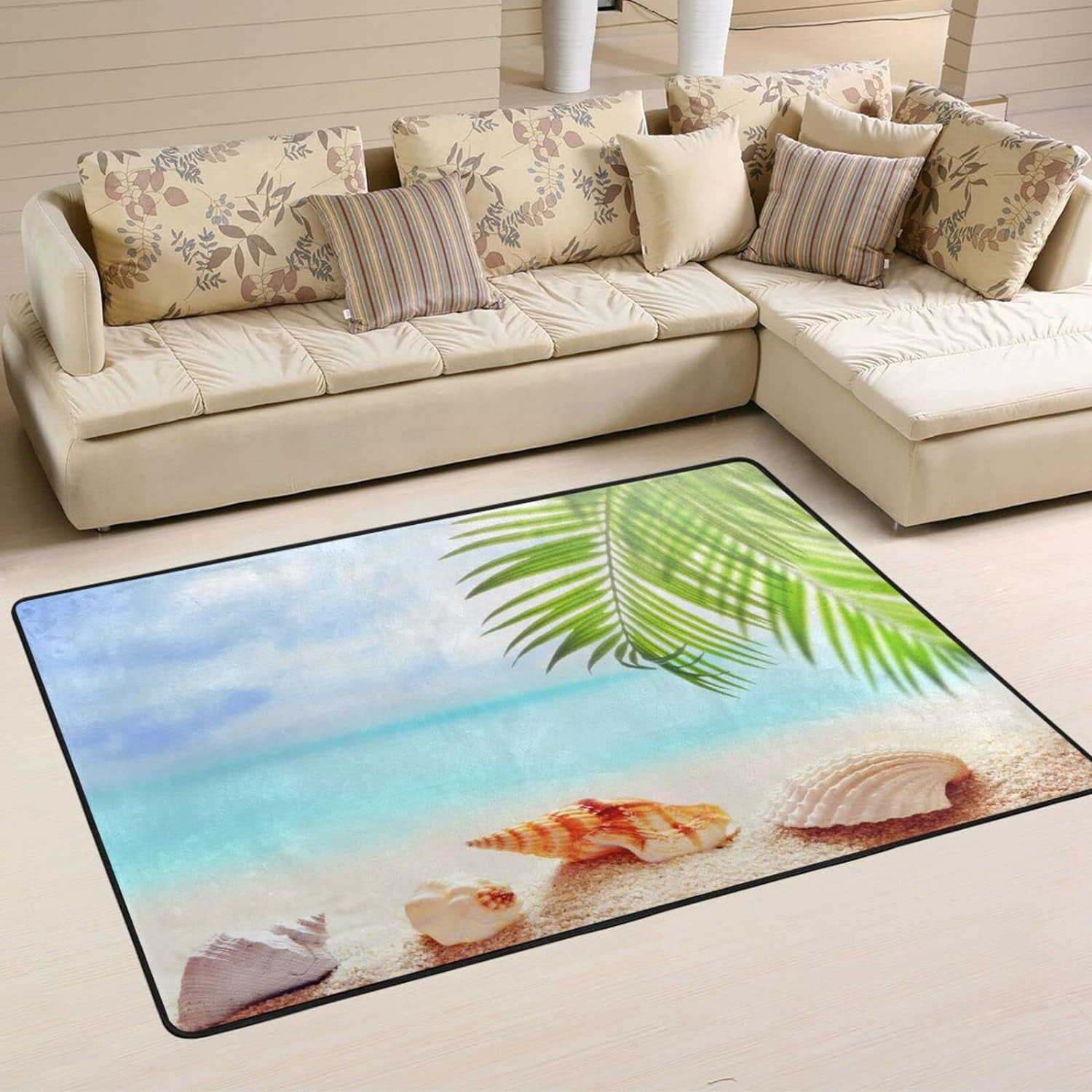 Dreamtimes Summer Beach Seashell Area Rug 72x48in Tropical Palm Leaf ...