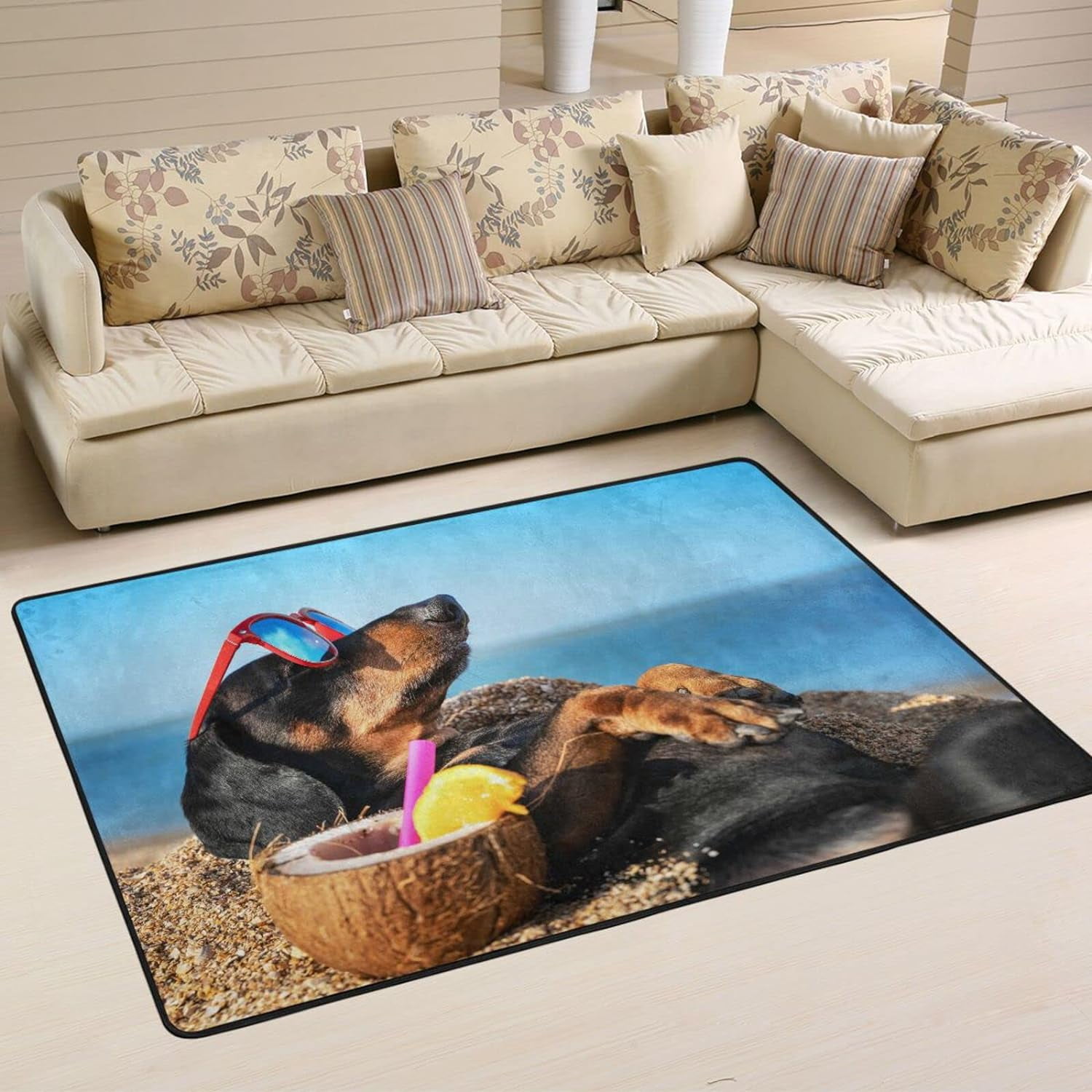 Dreamtimes Summer Dachshund Dog Area Rug 72x48in Beach Sea Coconut Non ...