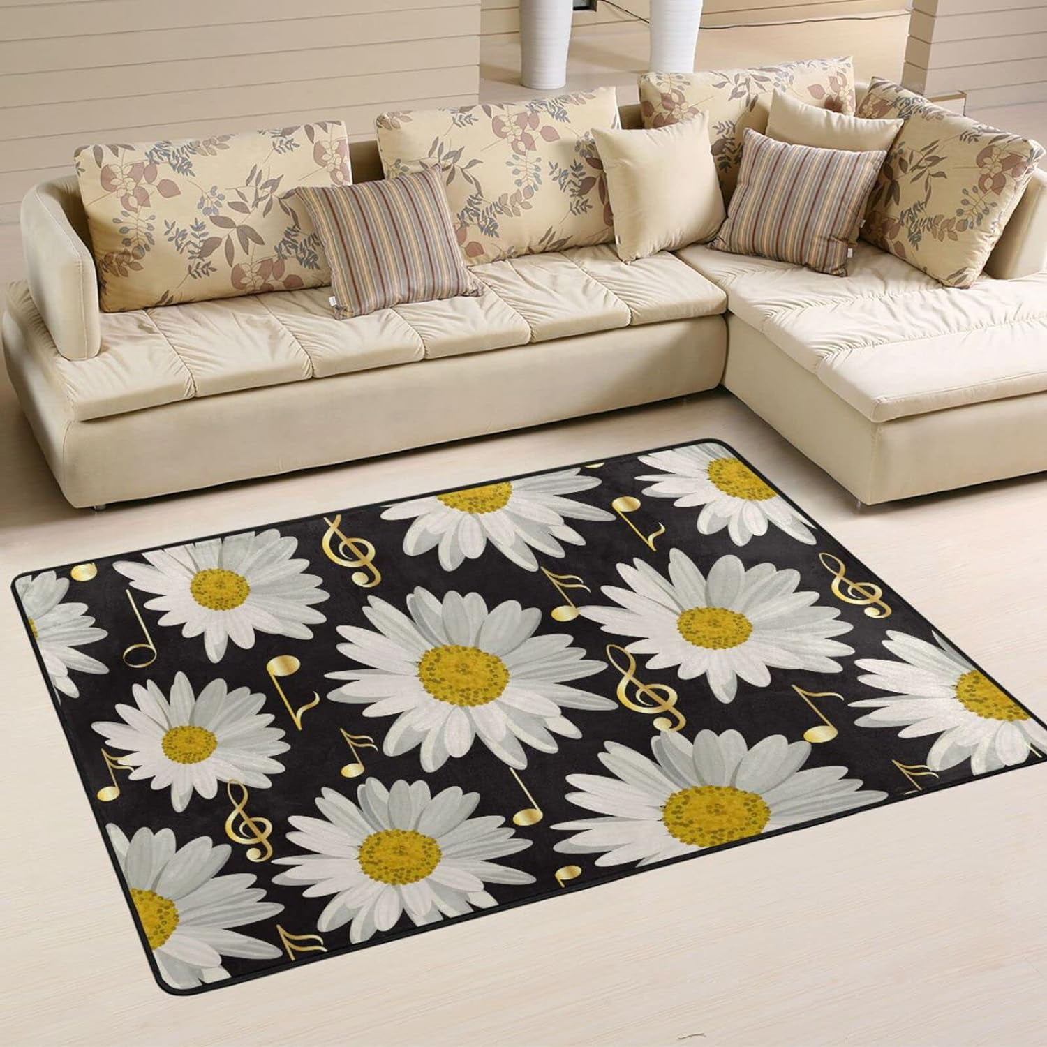 Dreamtimes Summer Daisies Flower Area Rug 72x48in Gold Music Notes Non ...