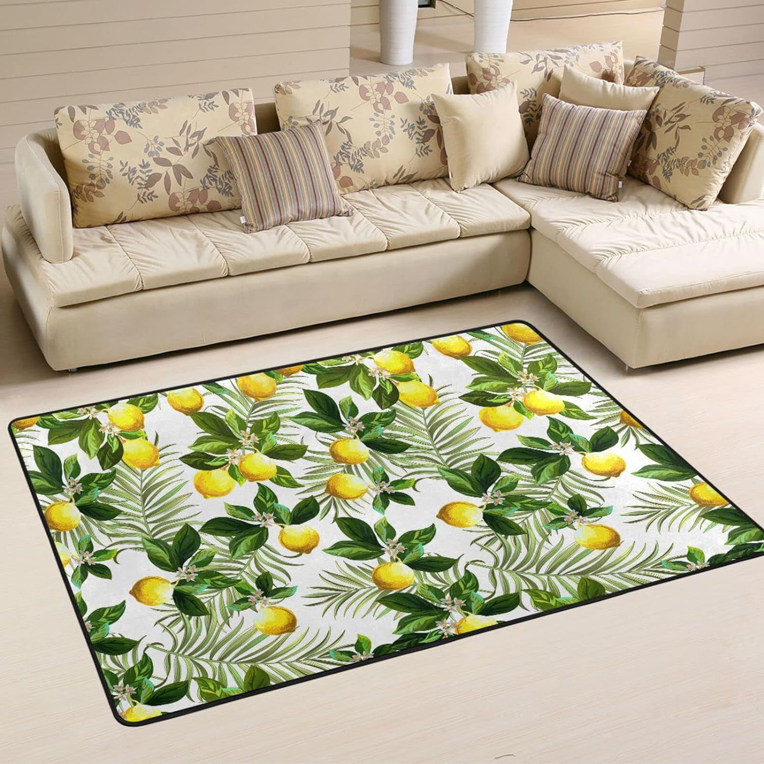 Dreamtimes Summer Lemon Floral Area Rug 72x48in Tropical Palm Leaf Non ...