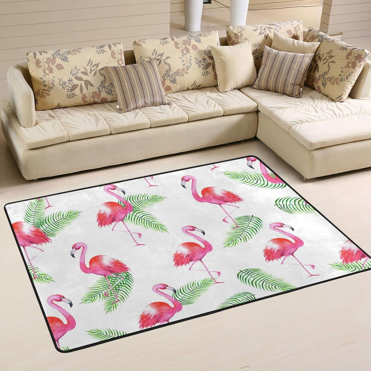 Dreamtimes Summer Watercolor Flamingos Area Rug 72x48in Tropical Palm ...