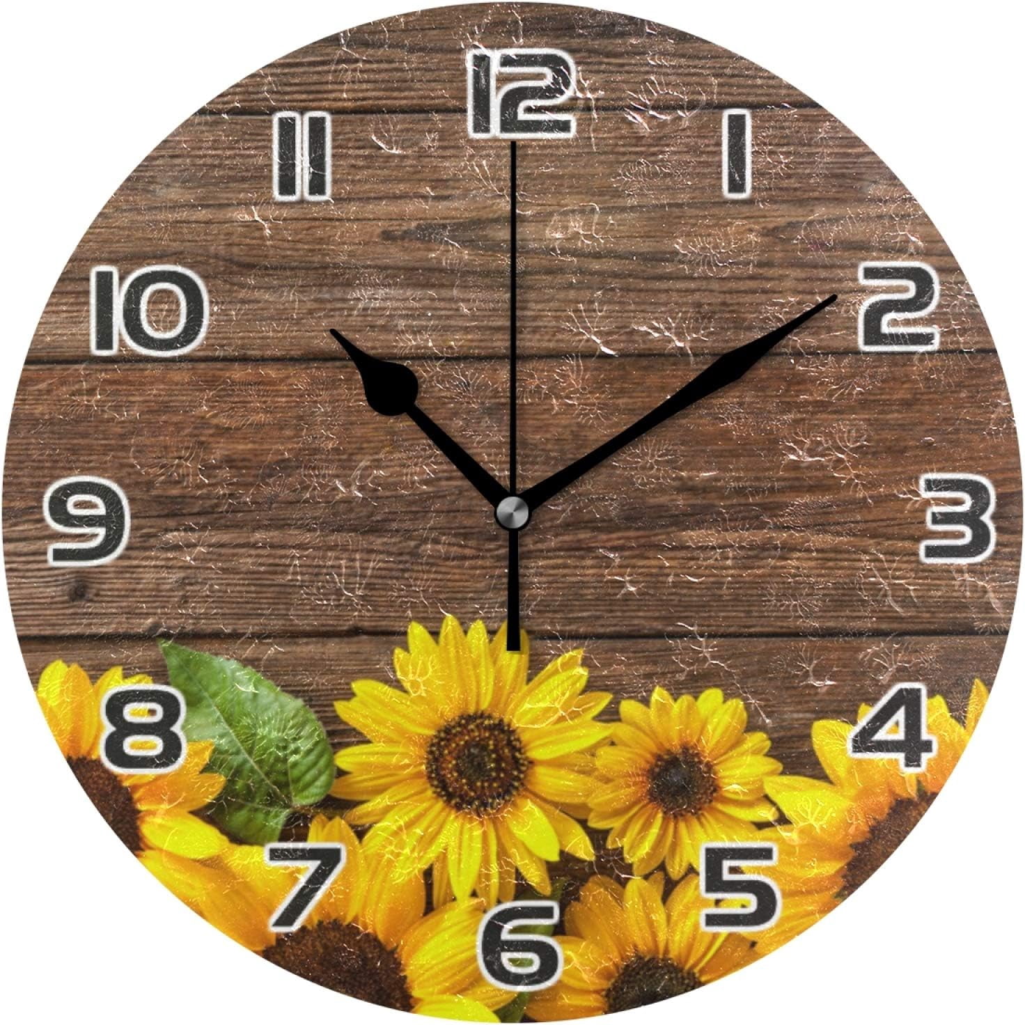 Dreamtimes Sunflower Clock Silent Round Wall Clock, Non Ticking Battery ...