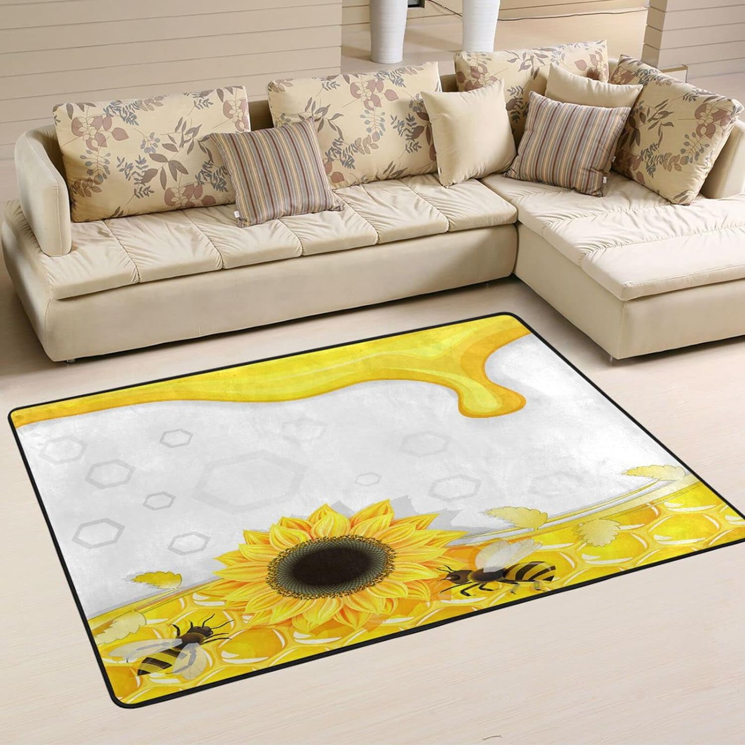 Dreamtimes Sunflowers Honey Bees Area Rug 72x48in Yellow Honeycombs Non ...