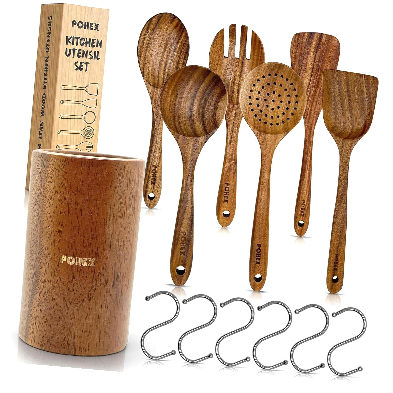 Dreamtimes Teak Wood 12 Piece Kitchen Utensil Set with Wooden Holder ...