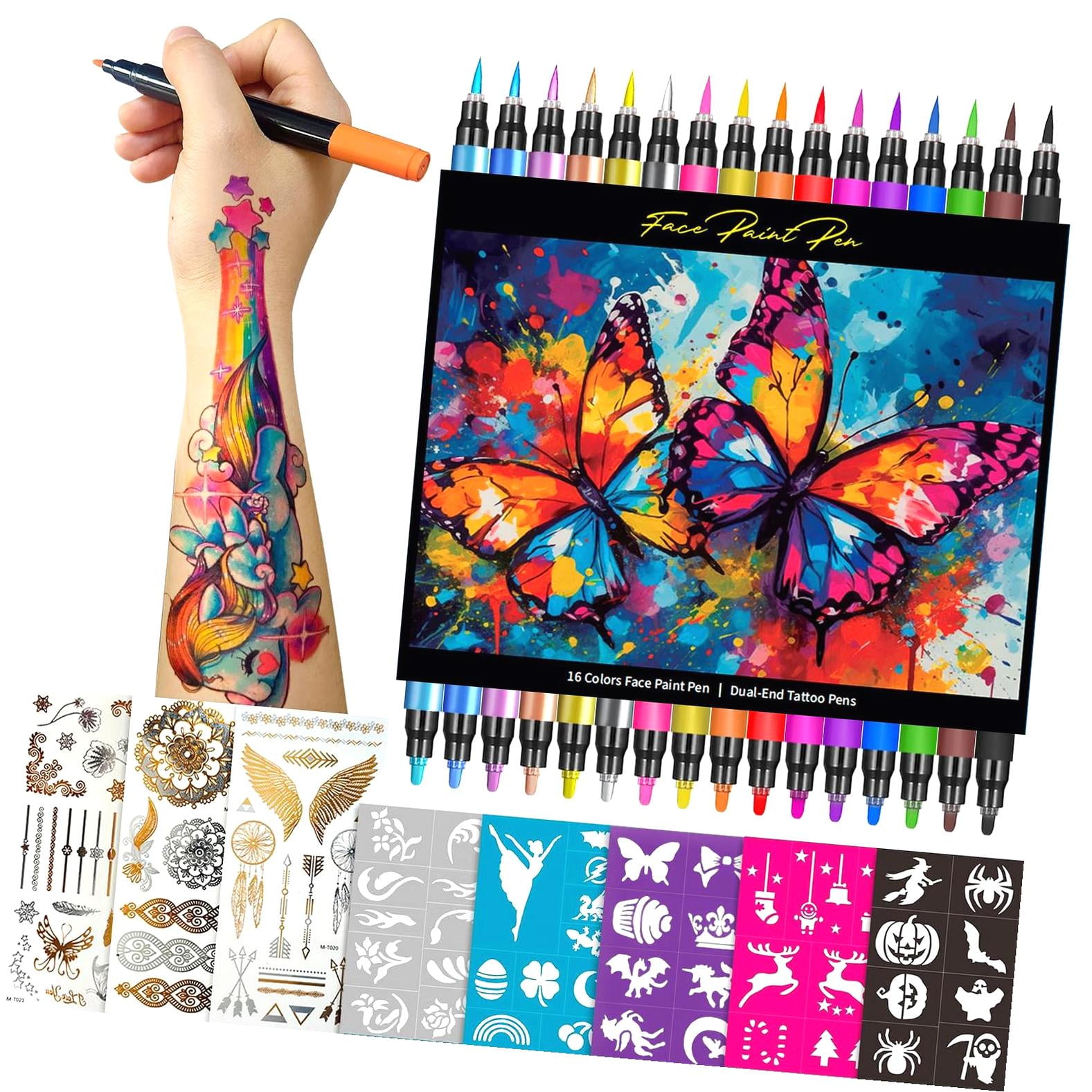 Dreamtimes Temporary Skin Tattoo Markers, 16 Color Dual-Tip Tattoo + 43 ...