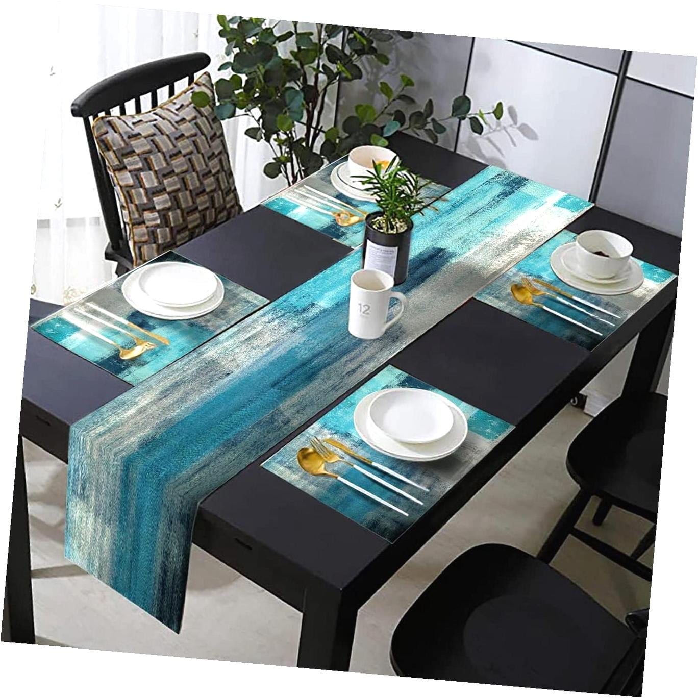Dreamtimes Turquoise and Grey Abstract Modern Table Runner with Place ...
