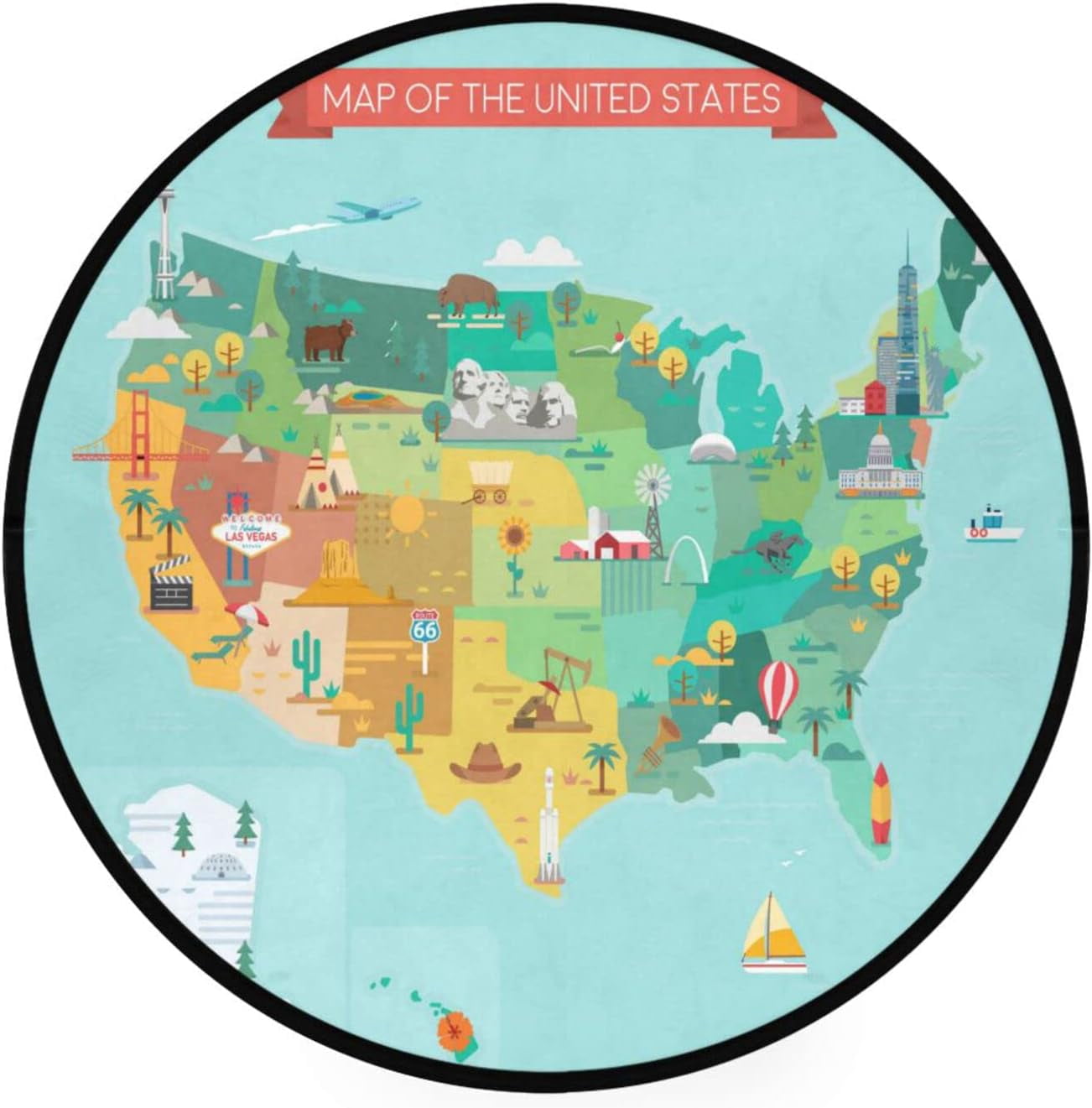 Dreamtimes USA Tourist Map with Famous Landmarks Round Area Rug 3Ft ...