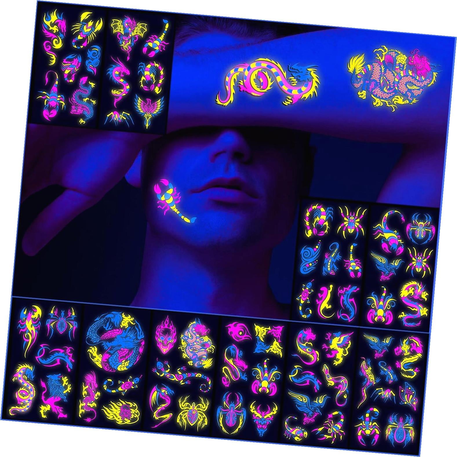Dreamtimes UV-Reactive Neon Tattoo Stickers 61 Glittery Designs ...