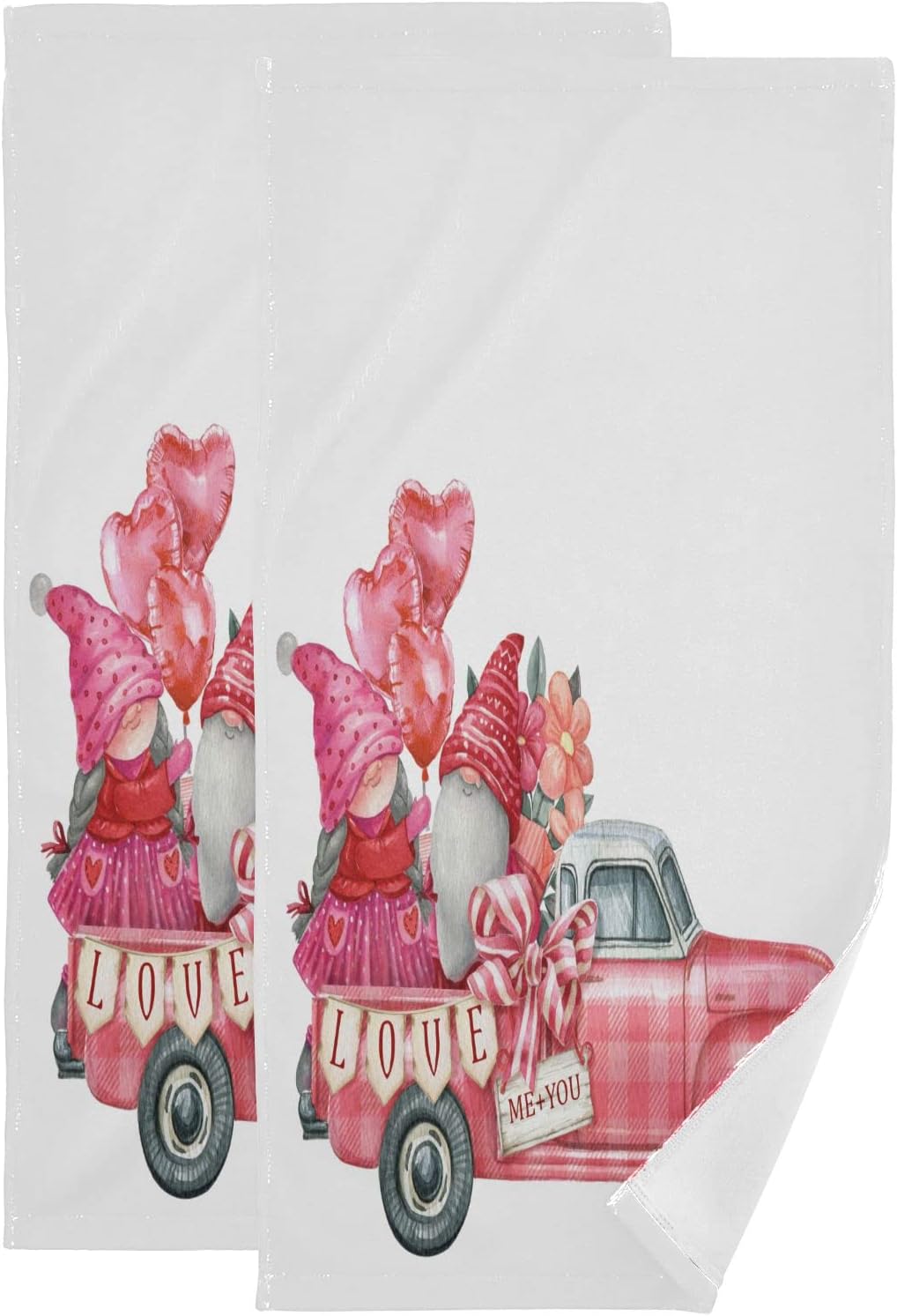Dreamtimes Valentine Gnome Couple Hand Towels 2 PCS, Pink Heart Truck Kitchen Towel Ultra Soft ...