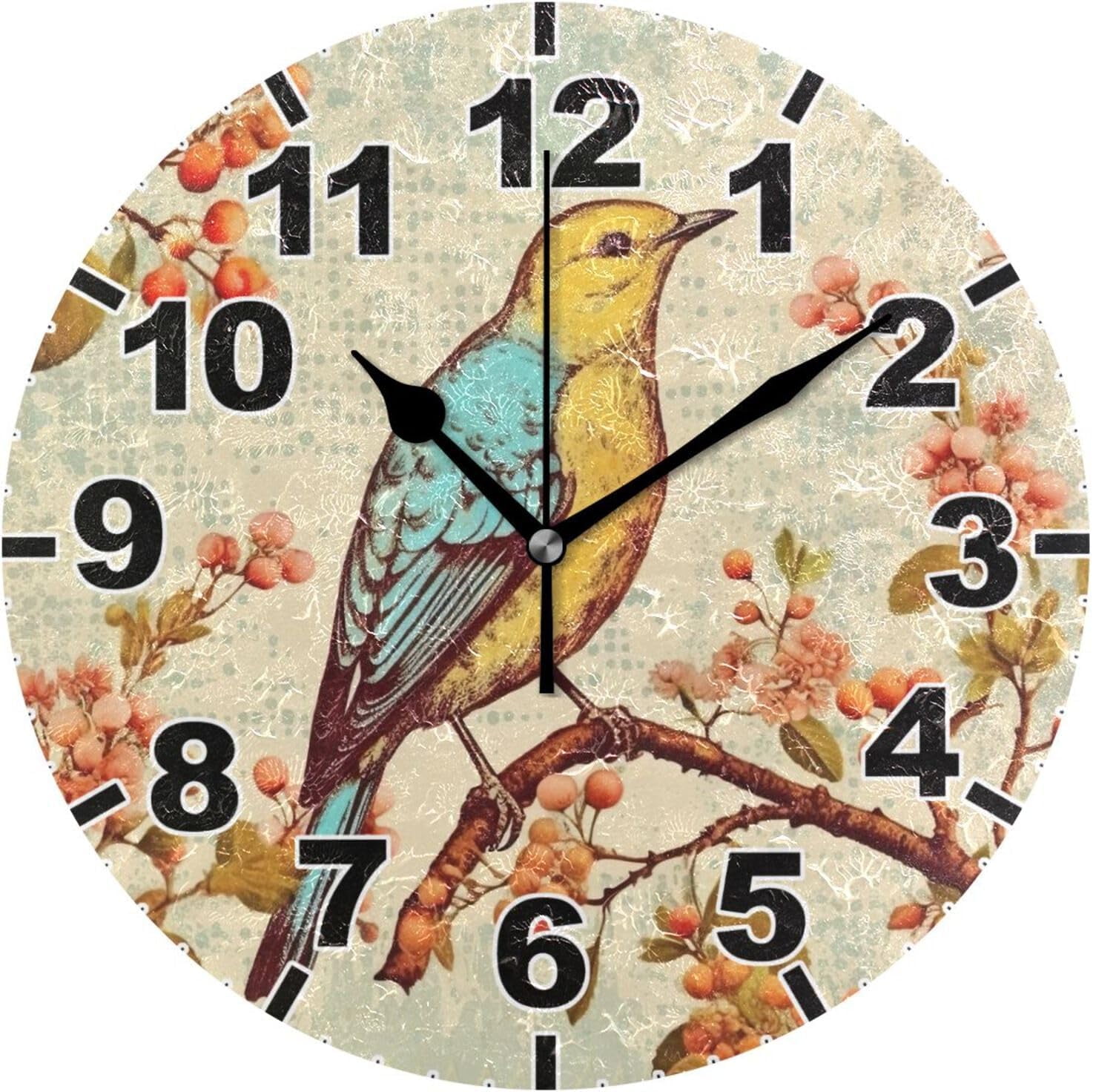 Dreamtimes Vintage Bird Round Wall Clock, Battery Operated Silent Non ...