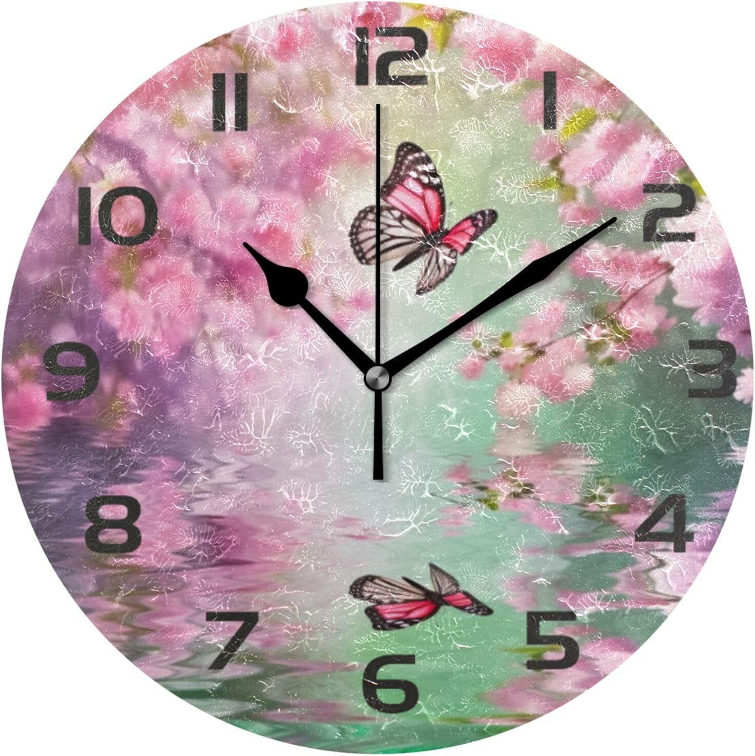 Dreamtimes Wall Clock Butterflies Blossom 10 Inch Silent Non Ticking ...