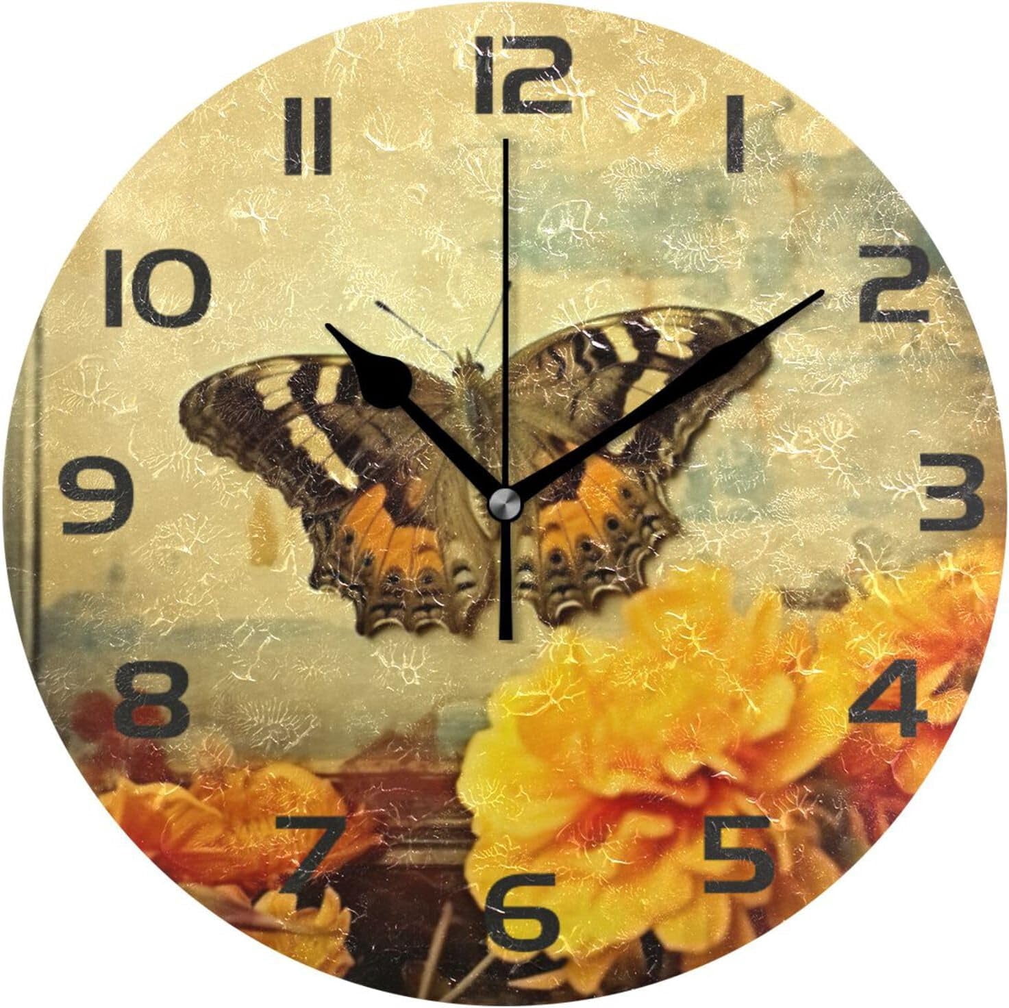 Dreamtimes Wall Clock Butterfly Yellow Flowers 10 Inch Silent Non ...