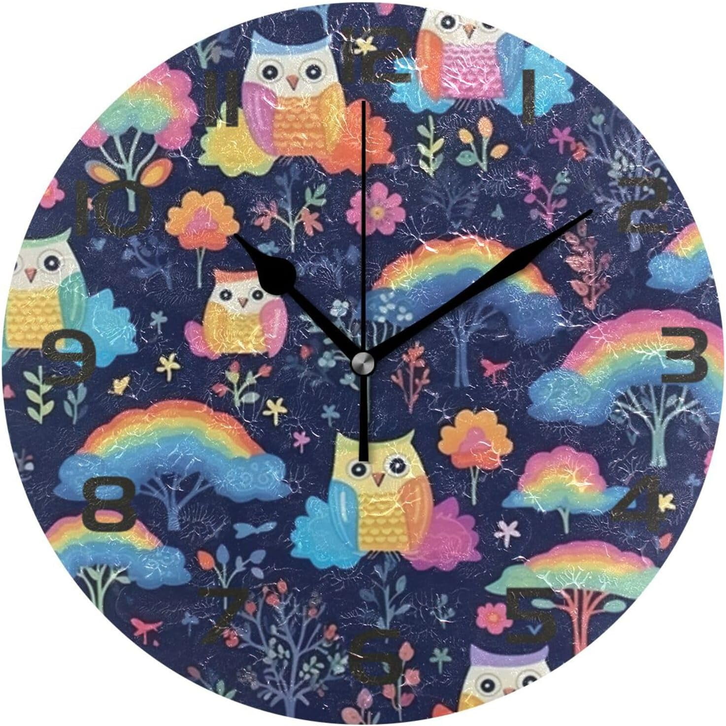 Dreamtimes Wall Clock Cute Owls Rainbow 10 Inch Silent Non Ticking ...