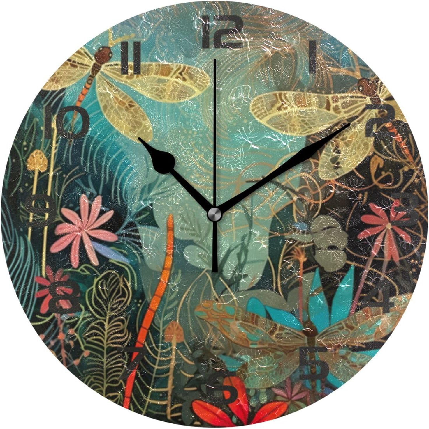 Dreamtimes Wall Clock Dragonflies Flowers 10 Inch Silent Non Ticking ...